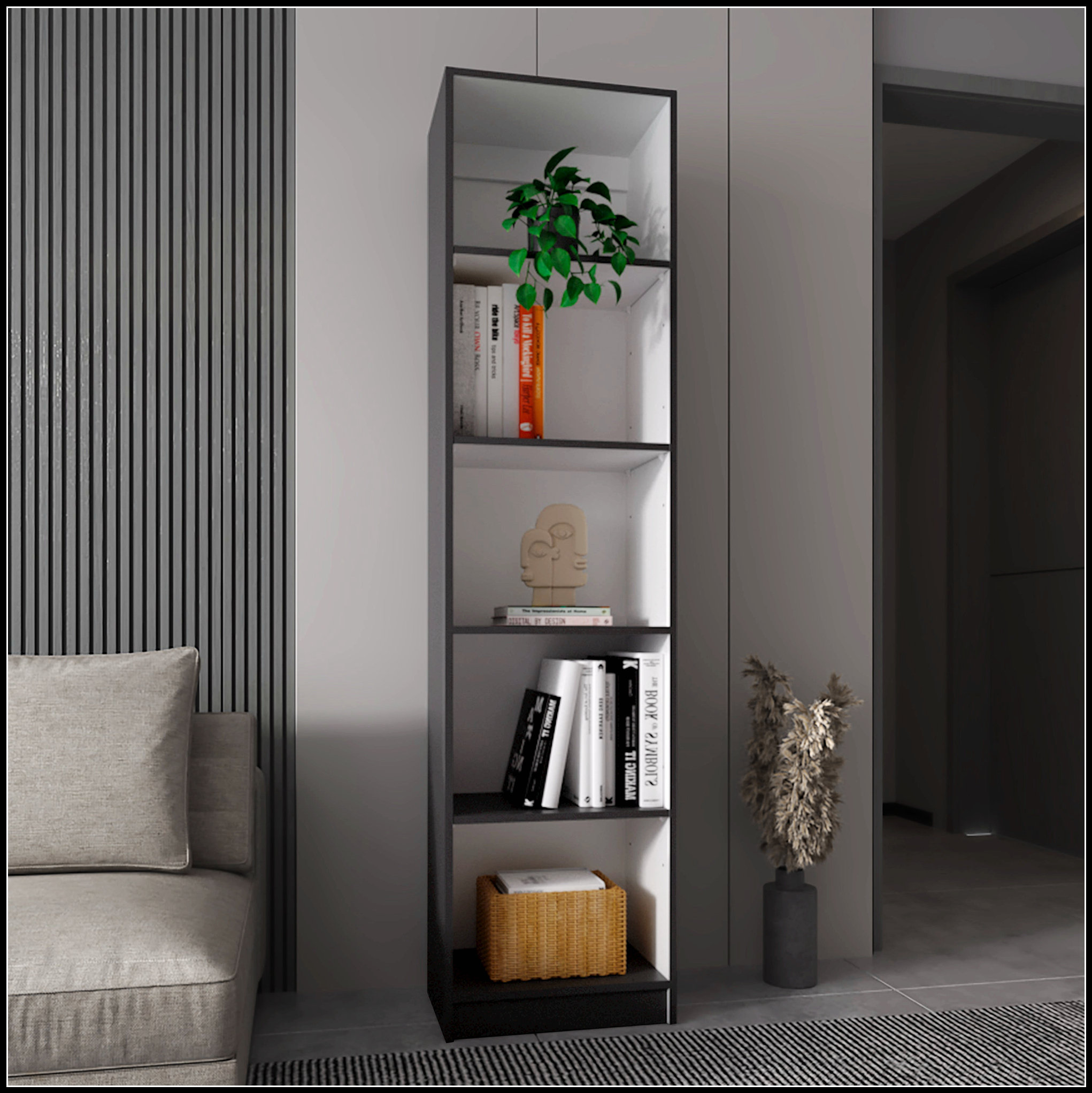 Latitude Run® Zachary Matt Gray And White 5-Shelf Slim Bookcase For ...