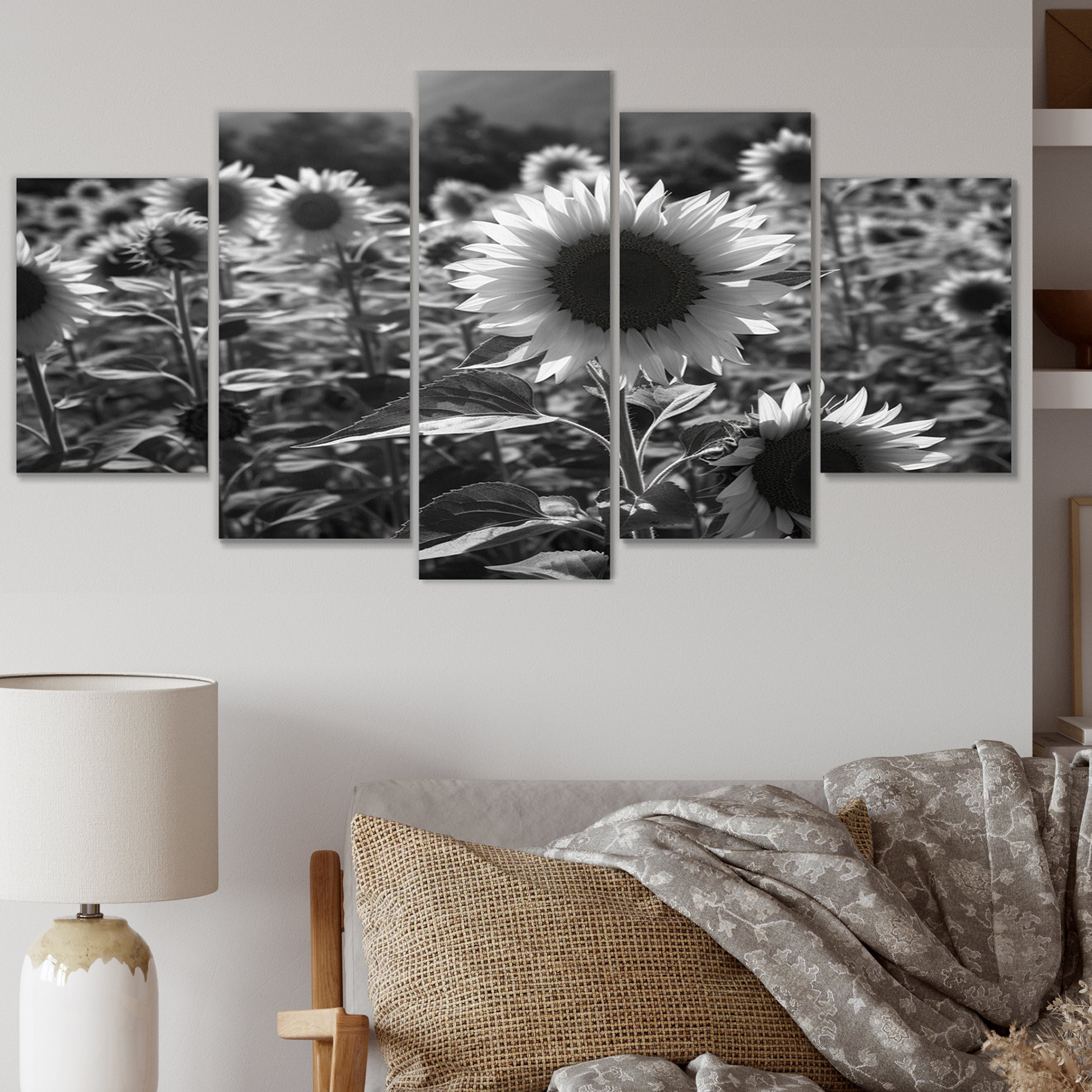 Design Art Black White Sunflower Filed II - Floral Metal Wall Decor Set ...