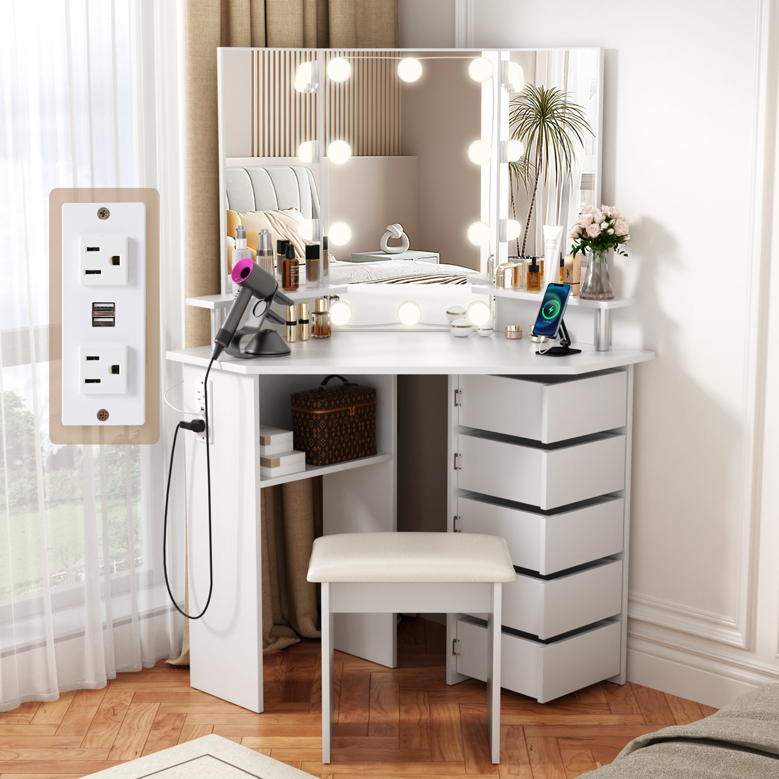 Latitude Run® Greyden Vanity with 5 Rotating Drawers and Outlets ...
