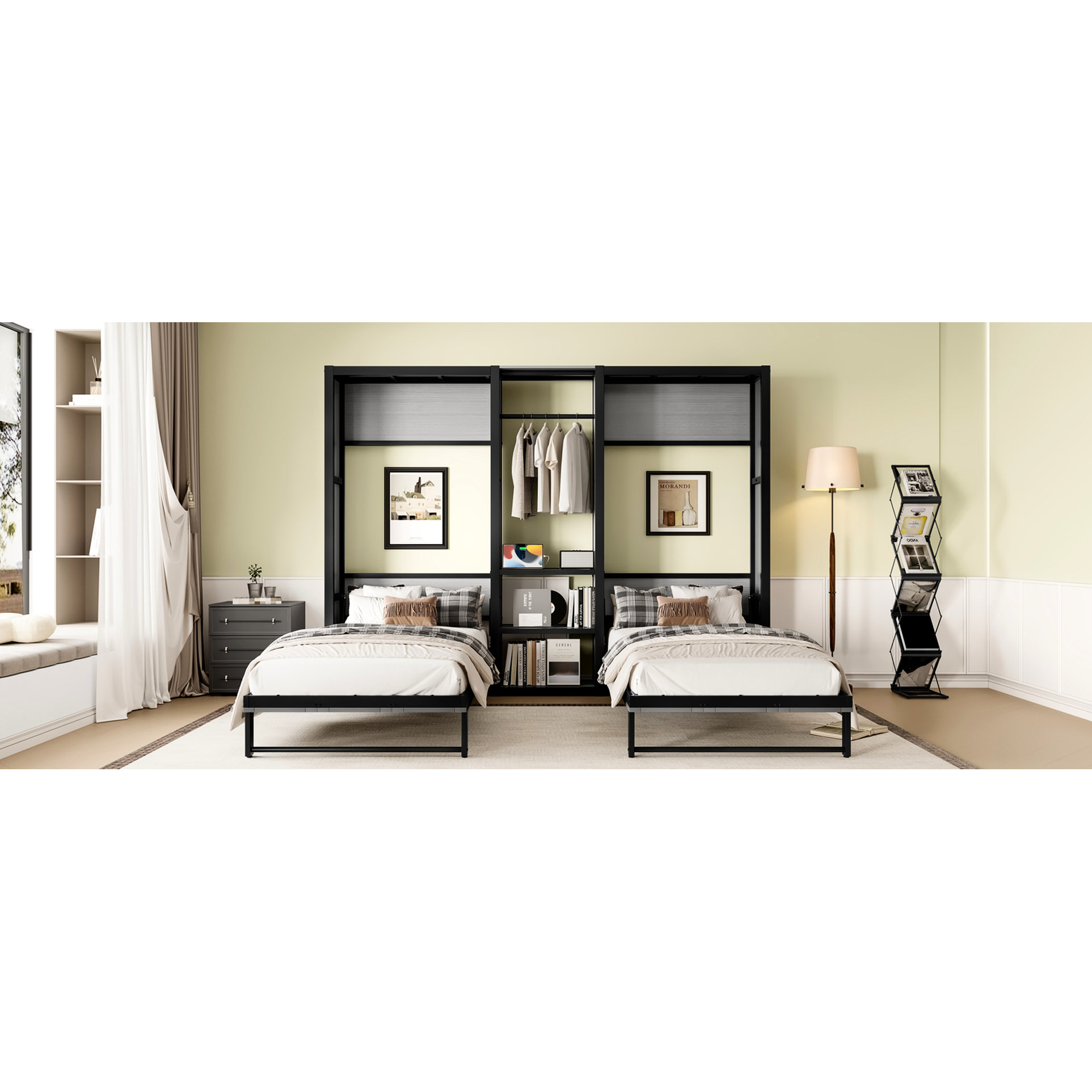 Latitude Run® Twin Metal Foldable Wall Bed With Shelves, Quiet ...