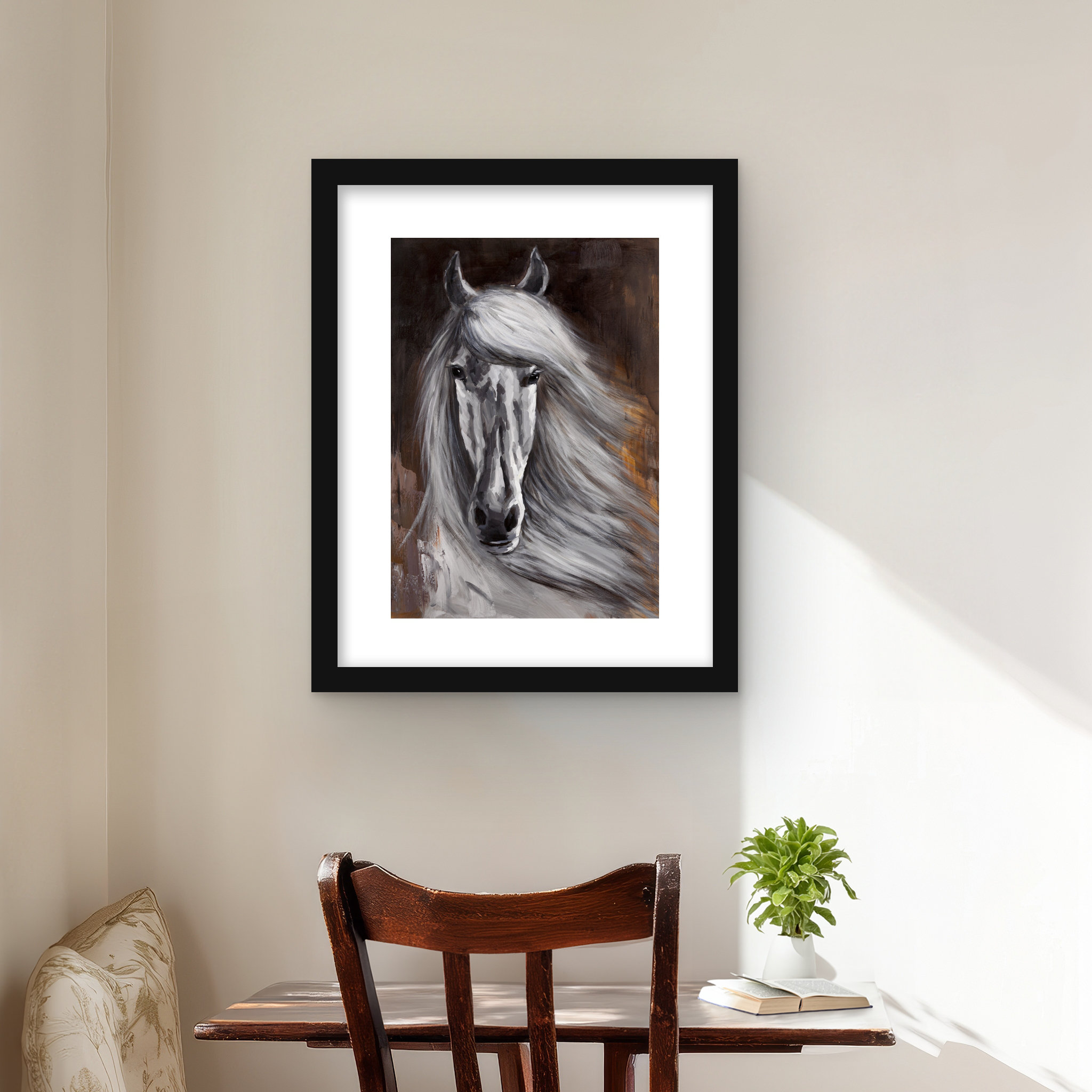 Lark Manor™ Proud White Horse - Gray Farm Animals Framed Matted Print ...