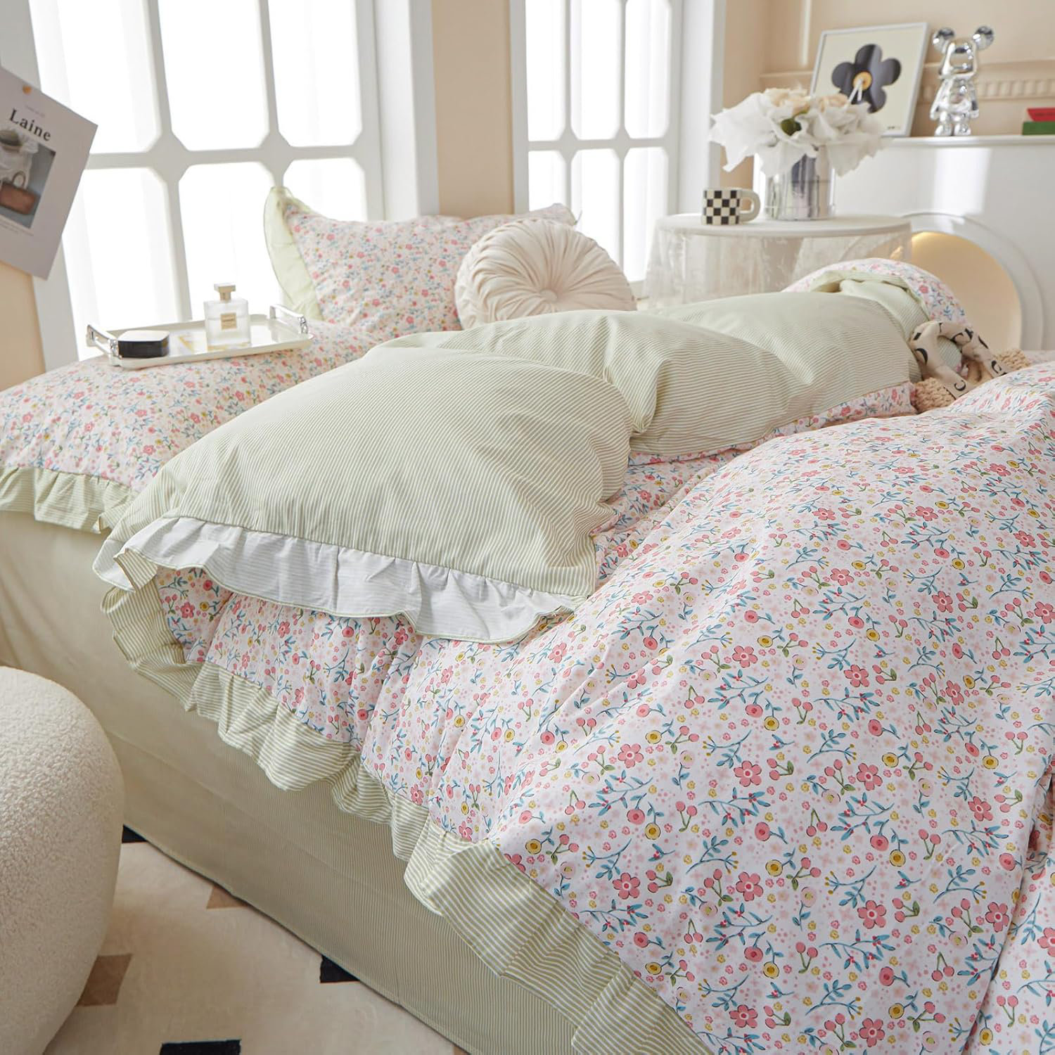 MODVAT 3PCS Ruffle Cotton Comforter Cover Boho Cream Striped and ...