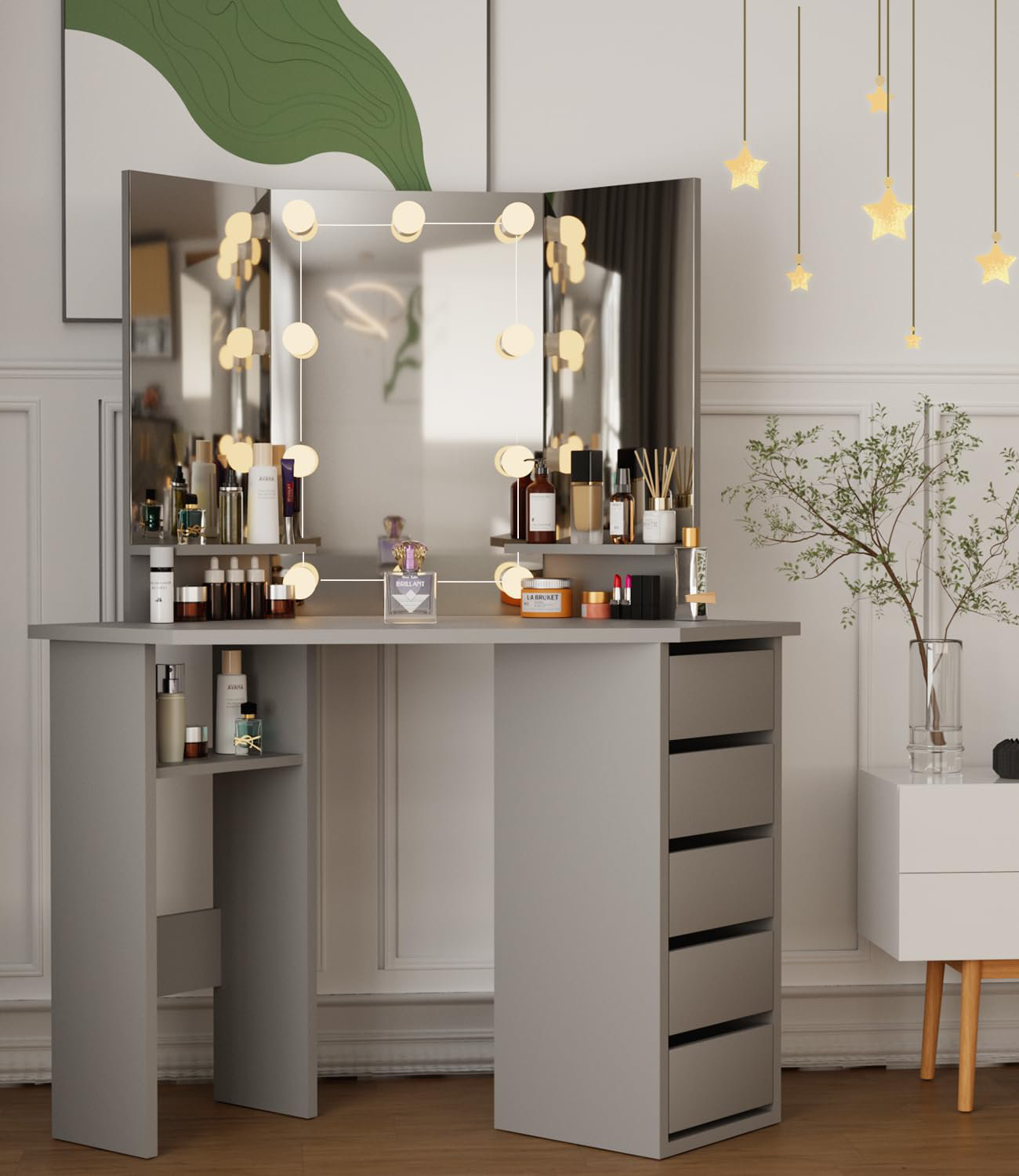 Ebern Designs Dezere Vanity with Mirrors and 5 Drawers, Shelves, Lights ...