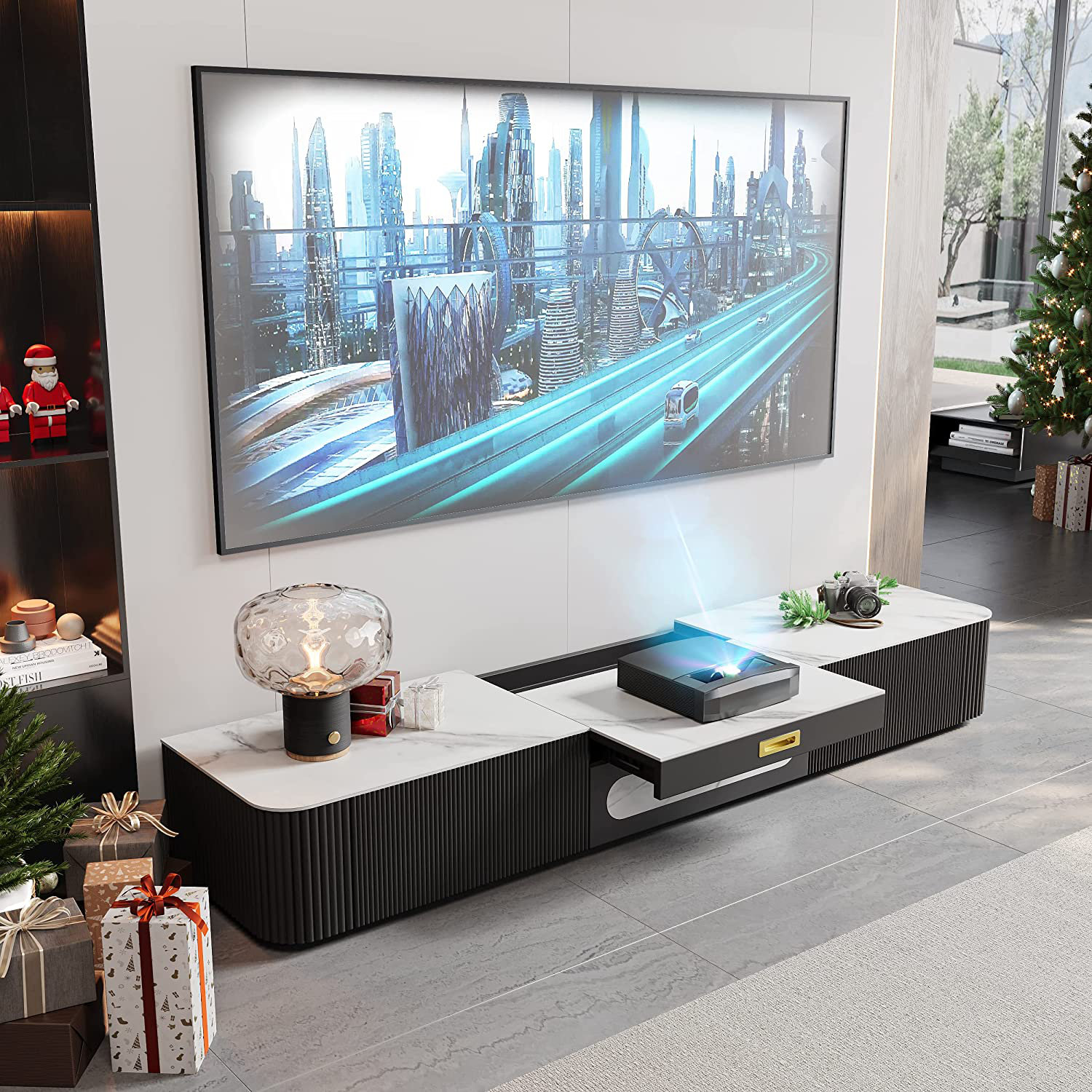 Orren Ellis Amoreta Modern TV Stand for Projector, Faux Marble Media ...
