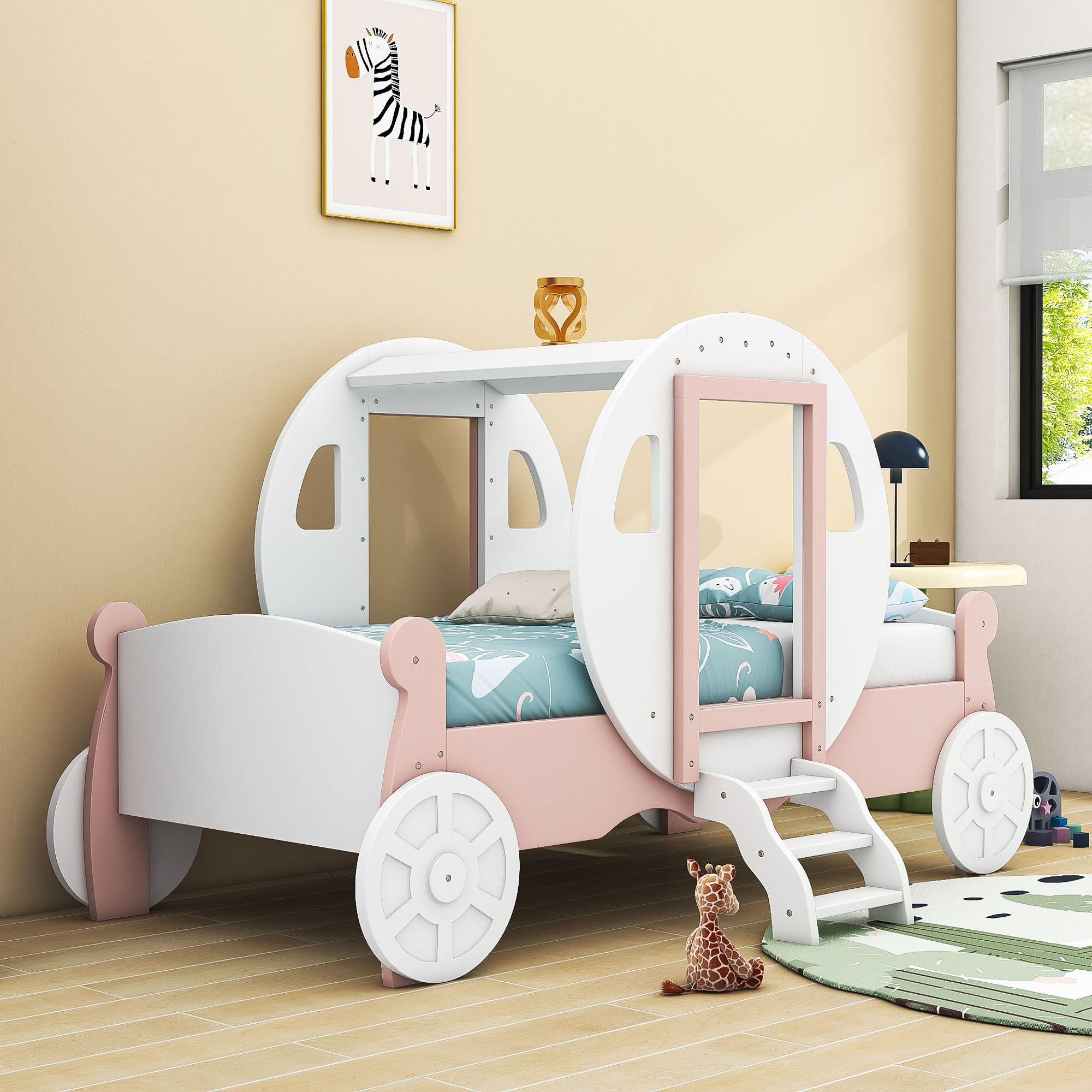 Zoomie Kids Twin Size Princess Carriage Bed With Rails And Ladder | Wayfair