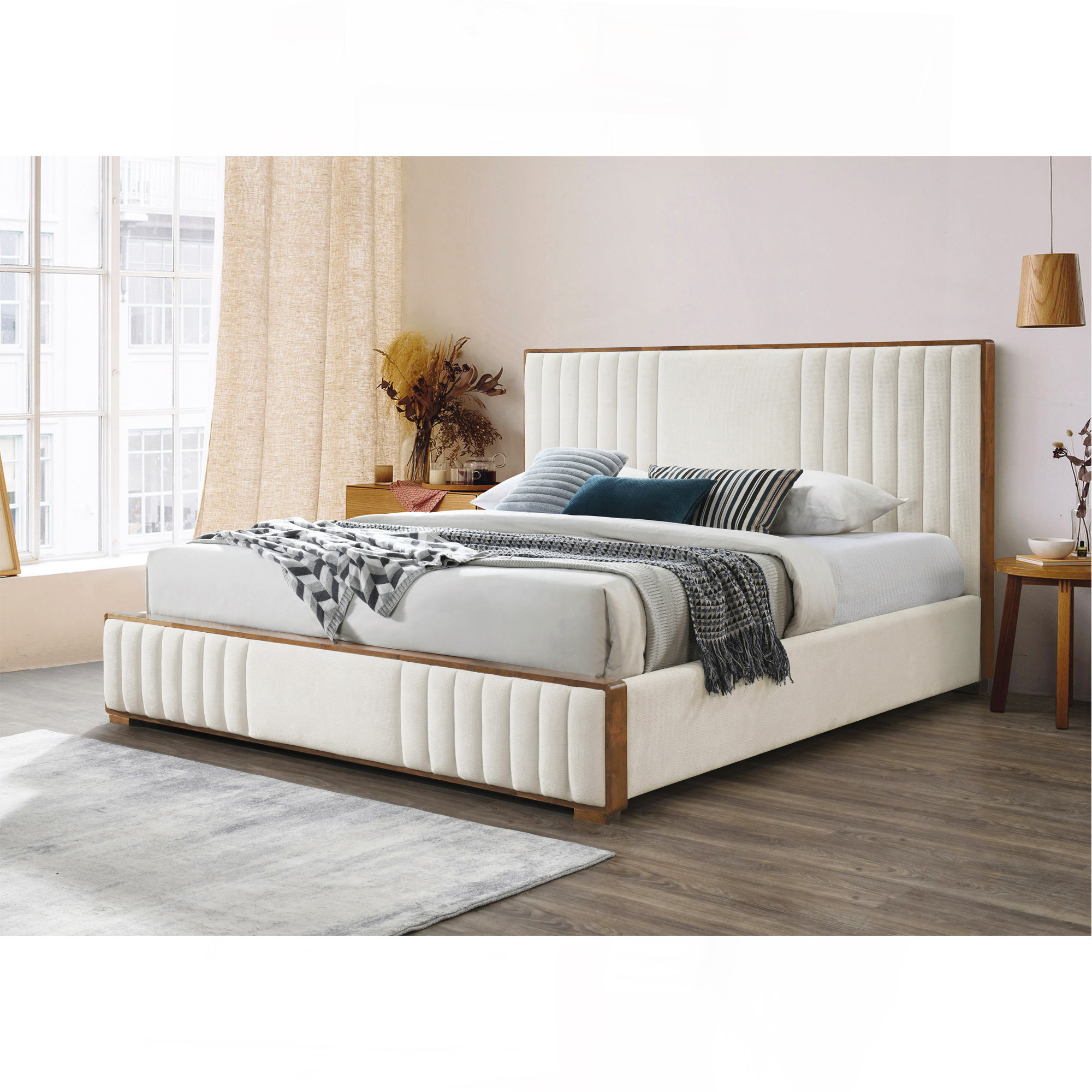 Alxfarton Beige Chenille & Walnut Finish Ek Bed | Wayfair