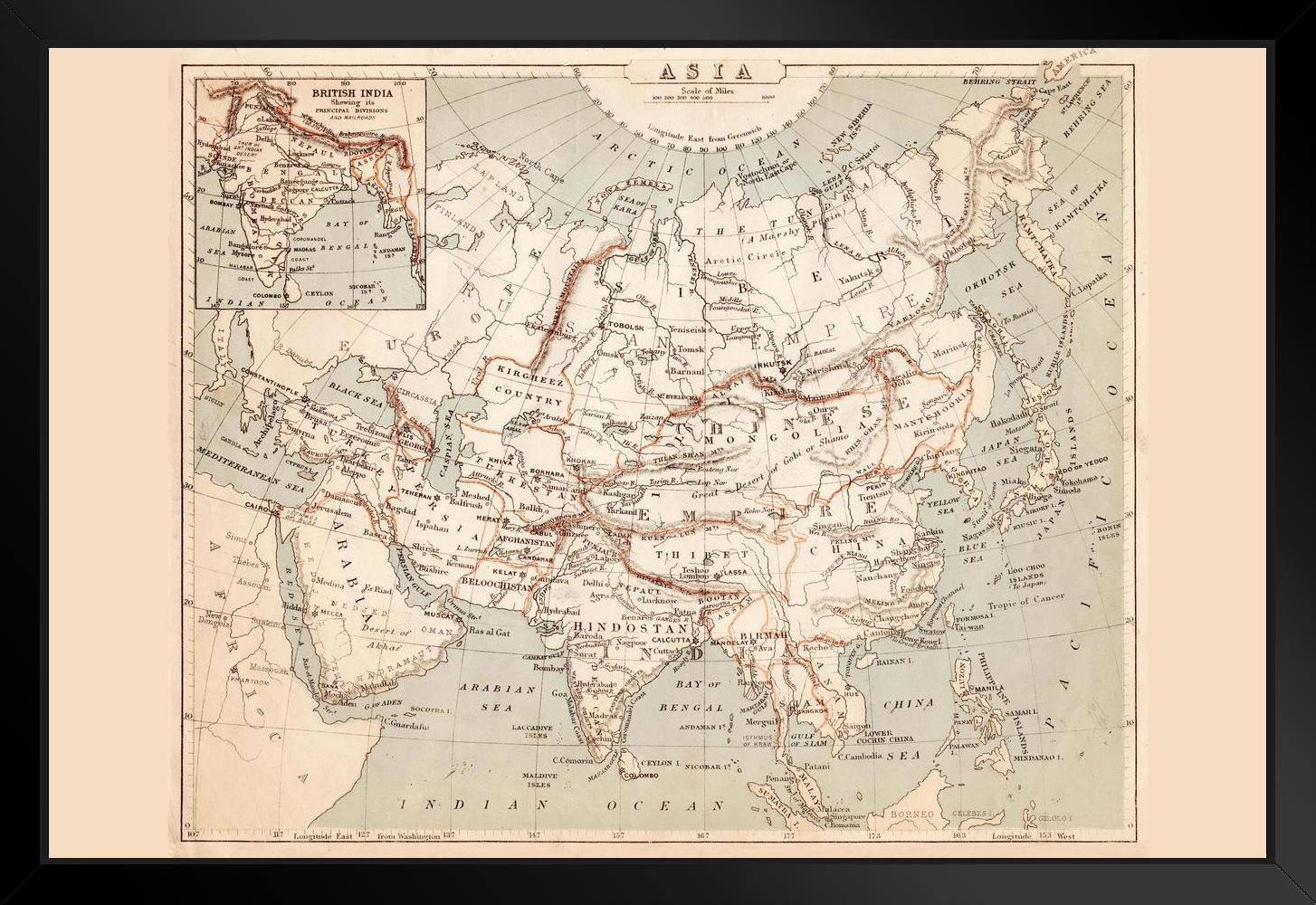 Longshore Tides Asia 1869 Vintage Antique Style Map Travel World Map ...