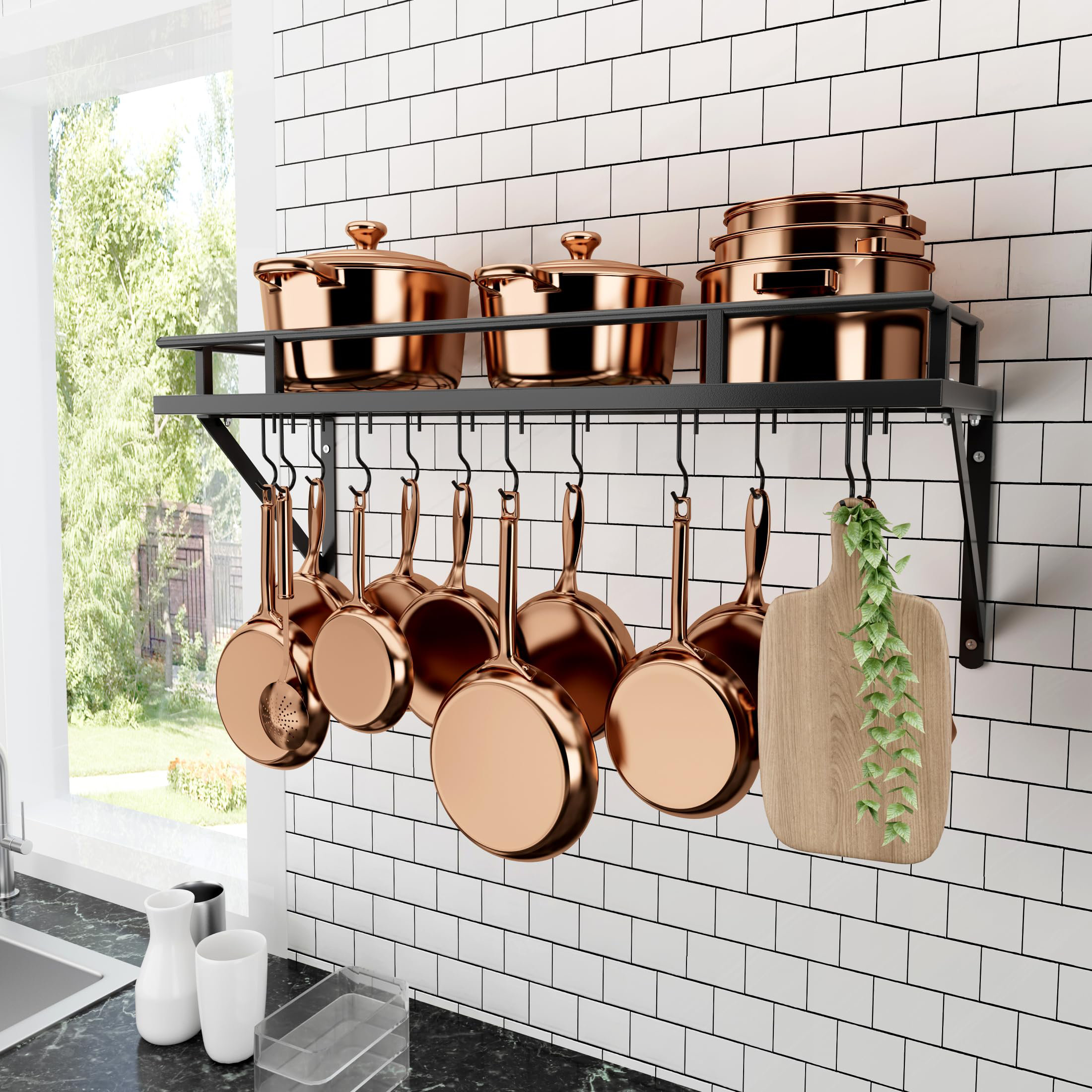 Prep & Savour 30-Inch Kitchen Pan Pot Rack Wall Mounted Hanging Storage ...