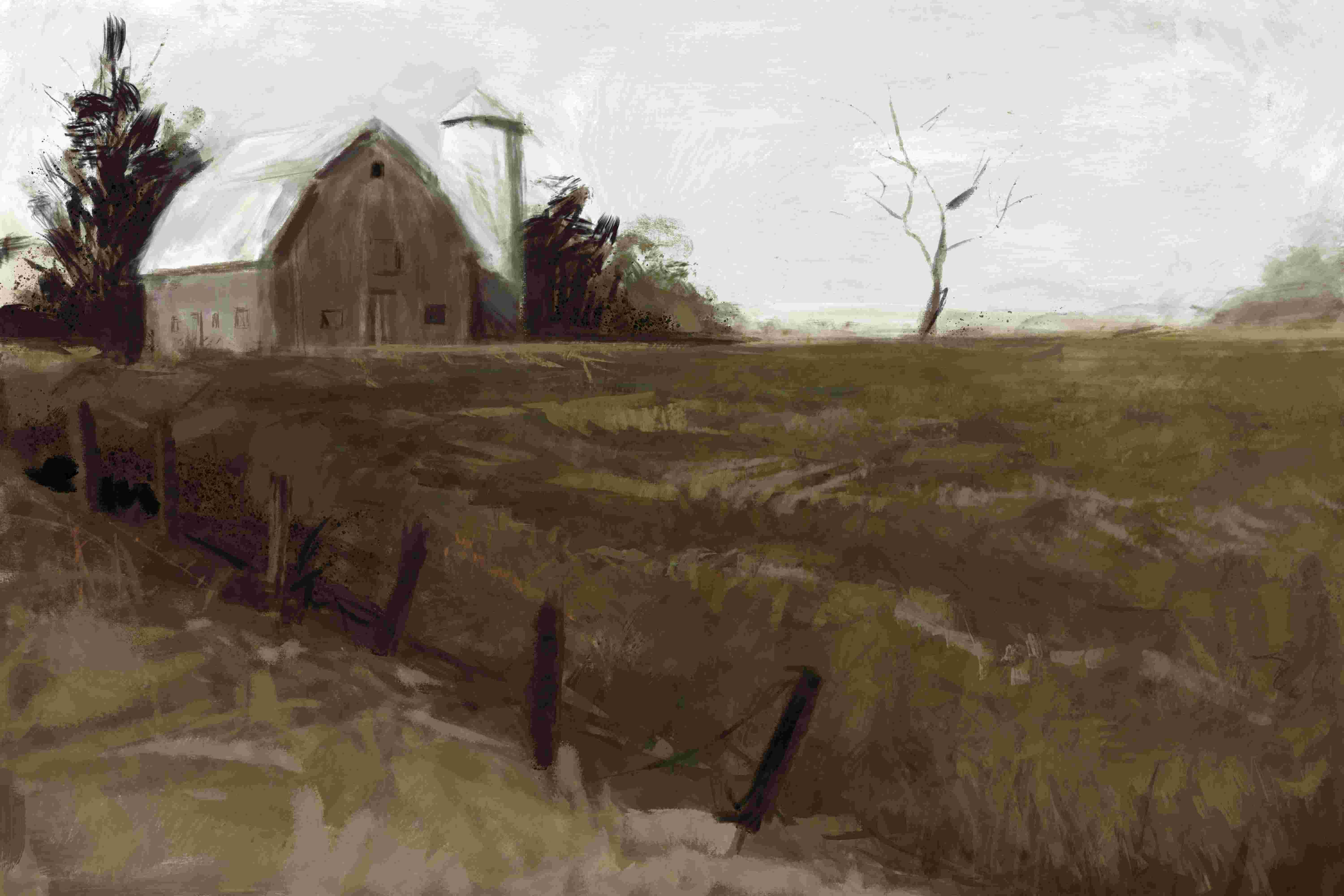 August Grove® Barn in Field Tonal - Wrapped Canvas Painting | Wayfair