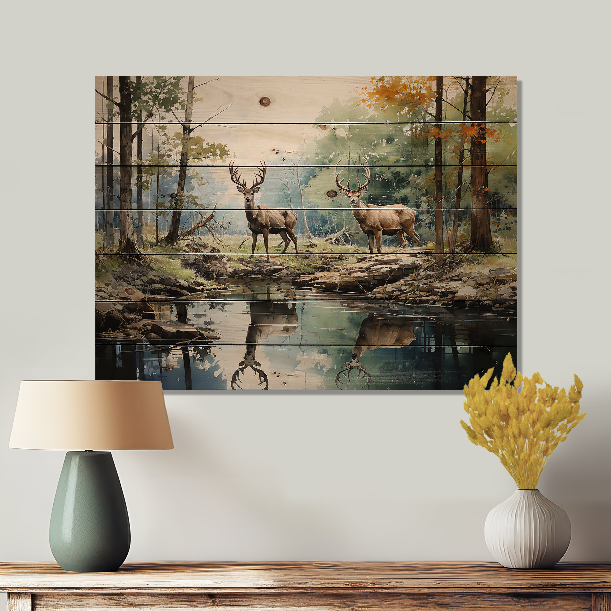 Design Art Deer Majestic Reflections - Animals Wood Print On Natural ...