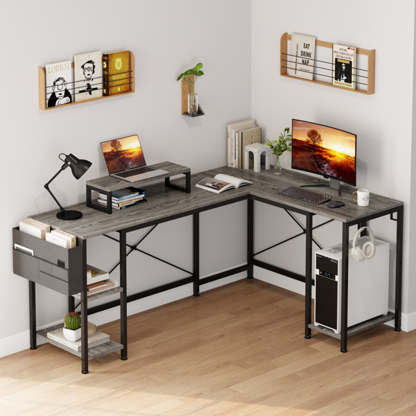 Inbox Zero Malen L Shaped Desk with Shelves 80.2 Inch Reversible Corner ...