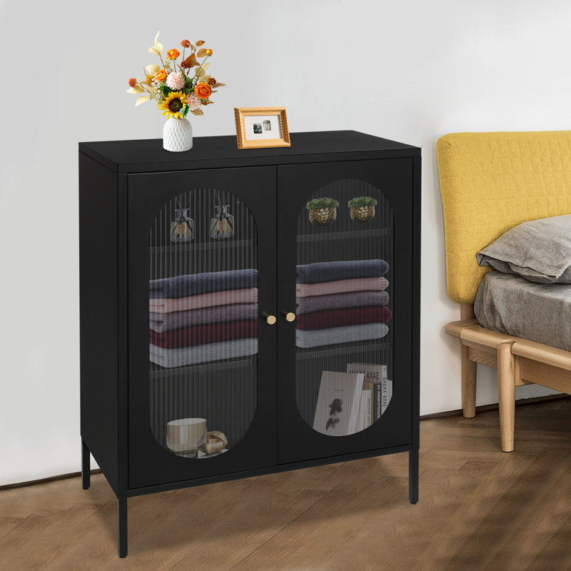 Ebern Designs Black Wrought Iron Sideboard Storage Cabinet Kitchen ...