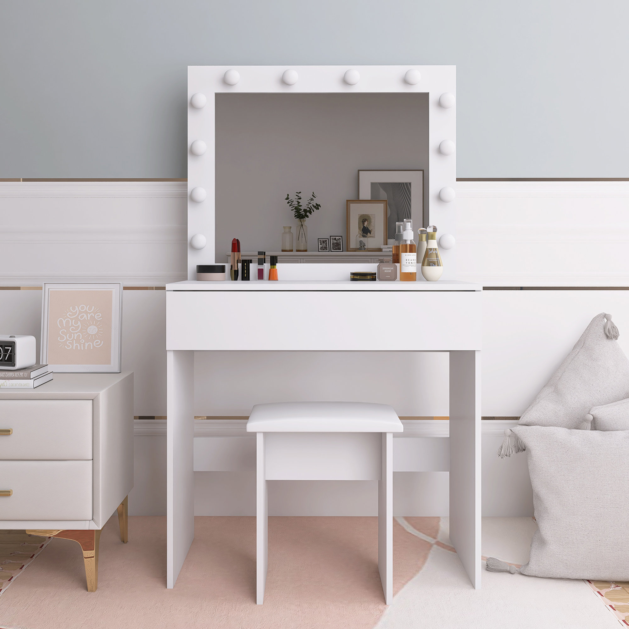 Bossicavelly Lighted Mirror Makeup Vanity Table With Drawer And Chair ...