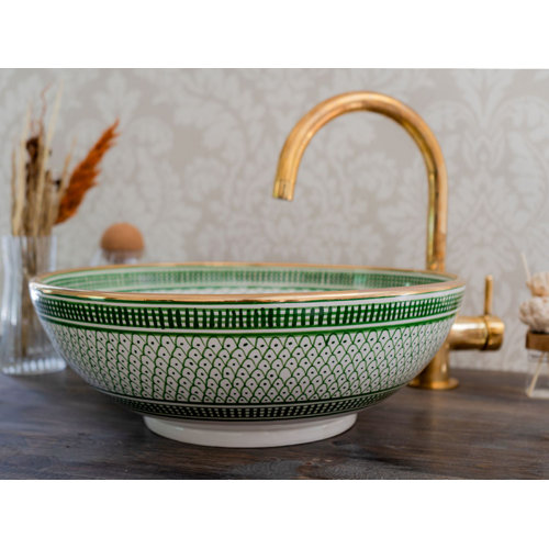 CUSTOmosaic Round Ceramic Bathroom Vessel Sink with Brass Rim Handmade ...