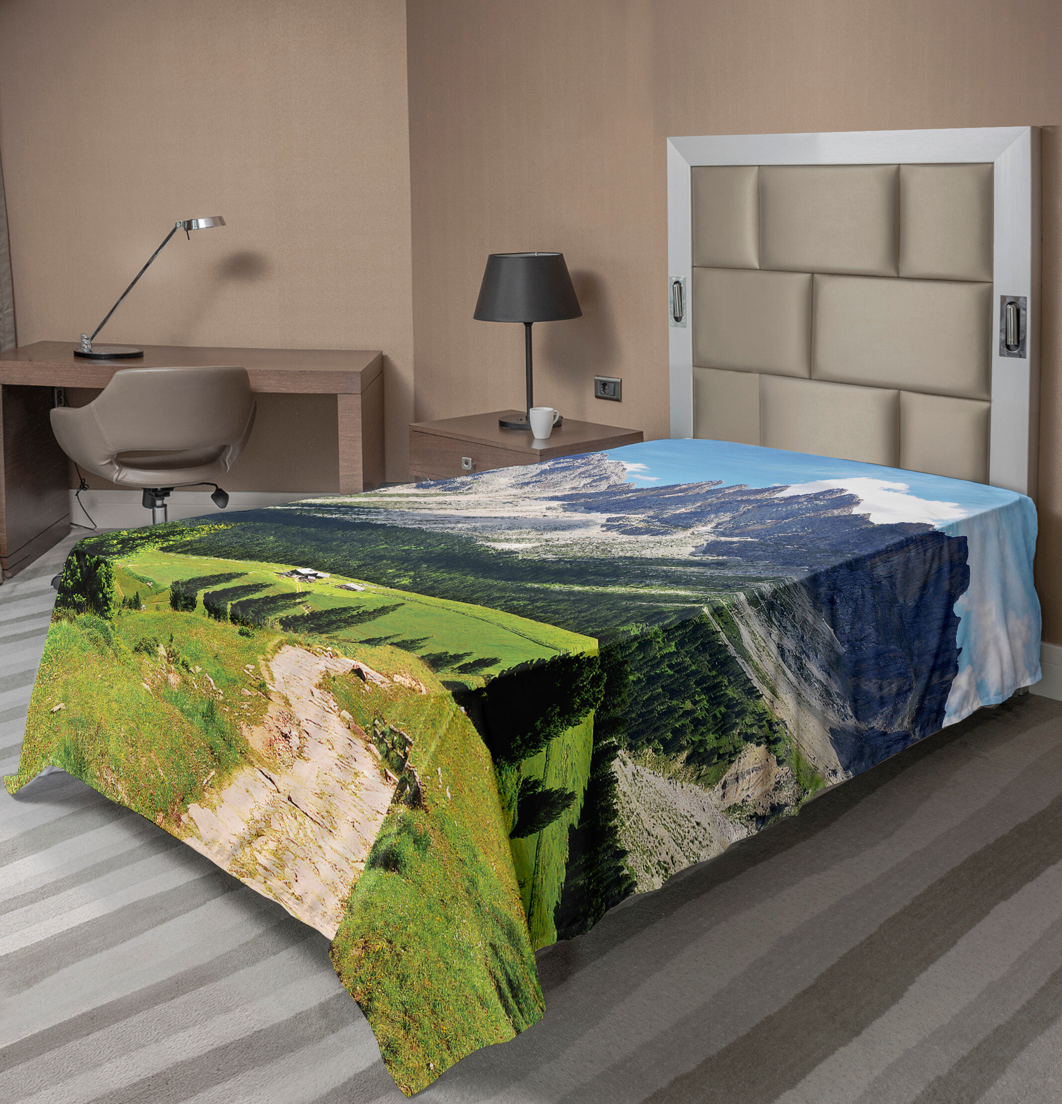 Ambesonne Nature Top Flat Sheet Pathway to Forest Alps Green White Blue ...