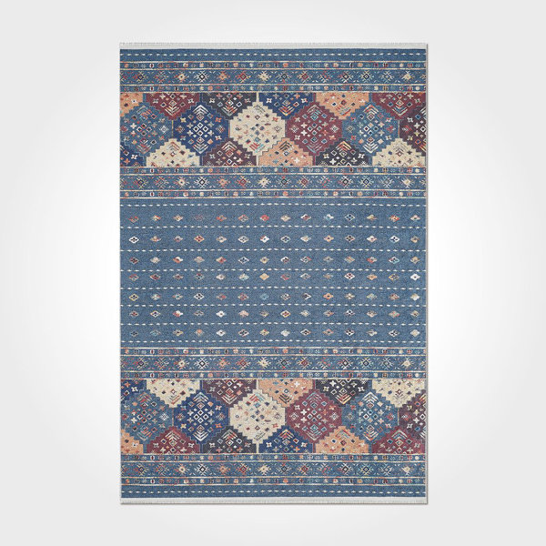 Ebern Designs Hattie Blue GeometricCotton Digital Print Area Rug ...