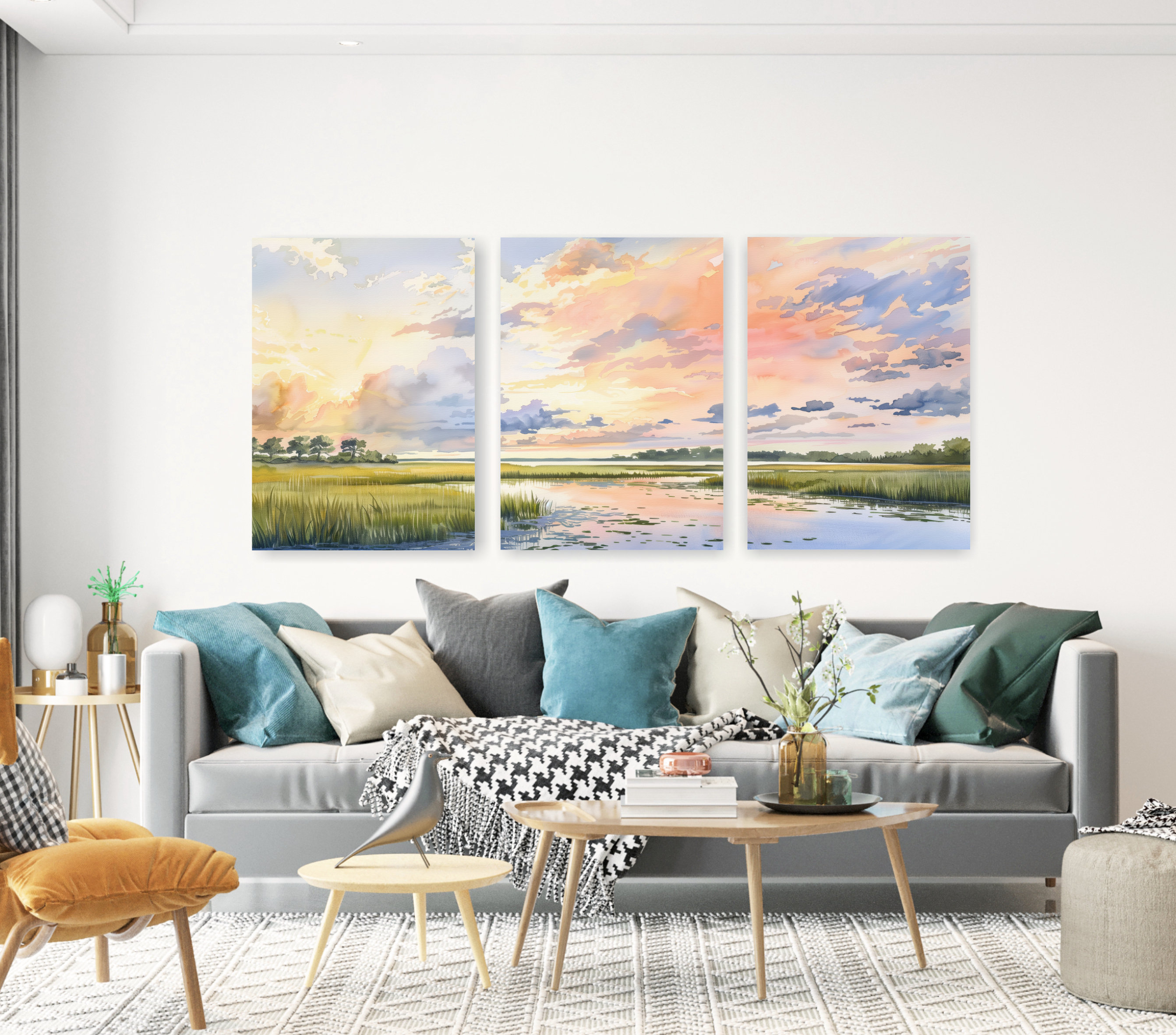 ART TERRITORY Pastel Marsh Sunset Set of 3 Posters or Canvases, Coastal ...