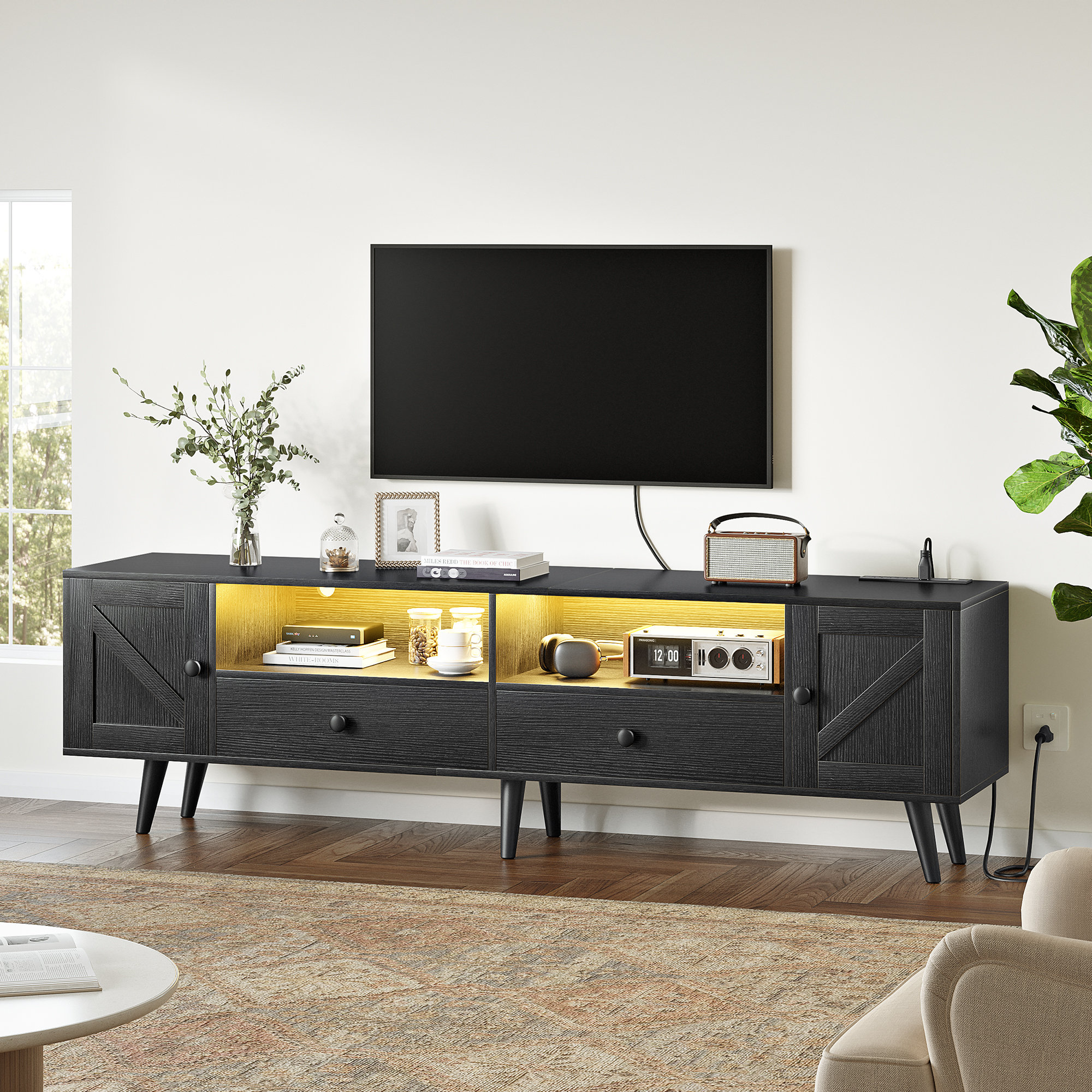 Gracie Oaks Torron LED Wood TV Stand with Power Outlets, Modern ...