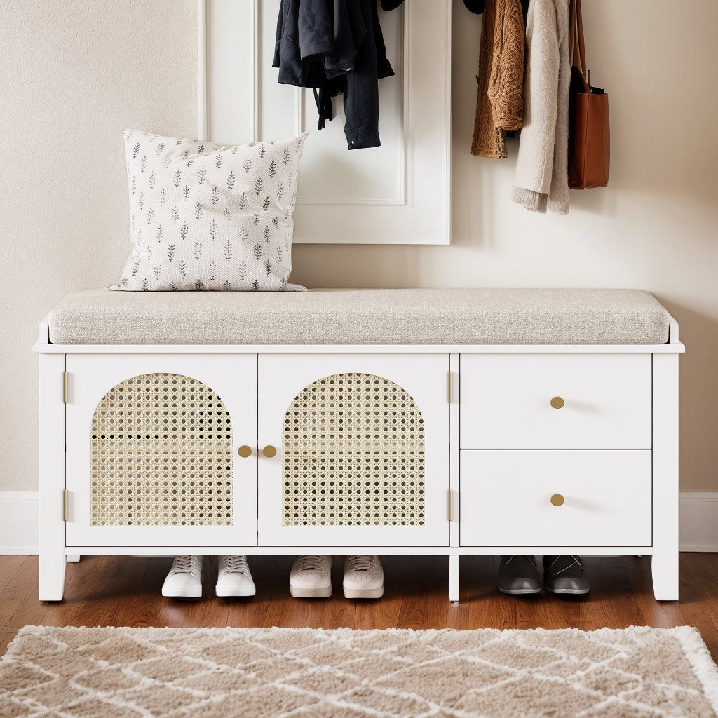 Wildon Home® Vintage Shoe Bench With Cushion, 2 Drawers And 2 Rattan ...