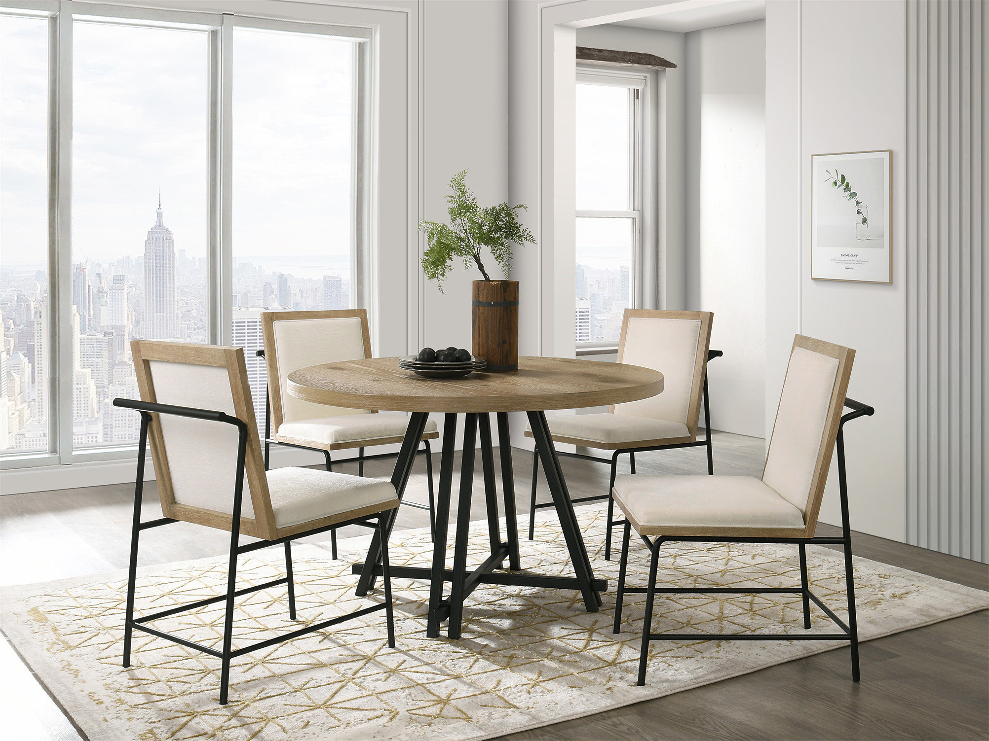 17 Stories Tate Oak Finish 47" Round Dining Table Set With Cream ...