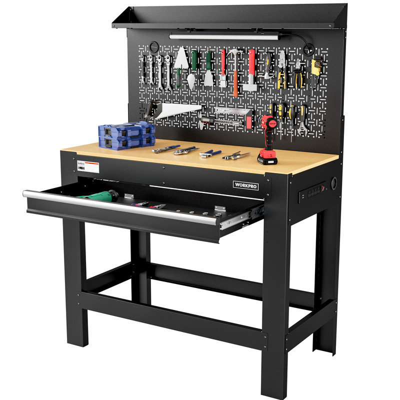17 Stories 45in Multipurpose Workbench with Pegboard, Power Outlets and ...