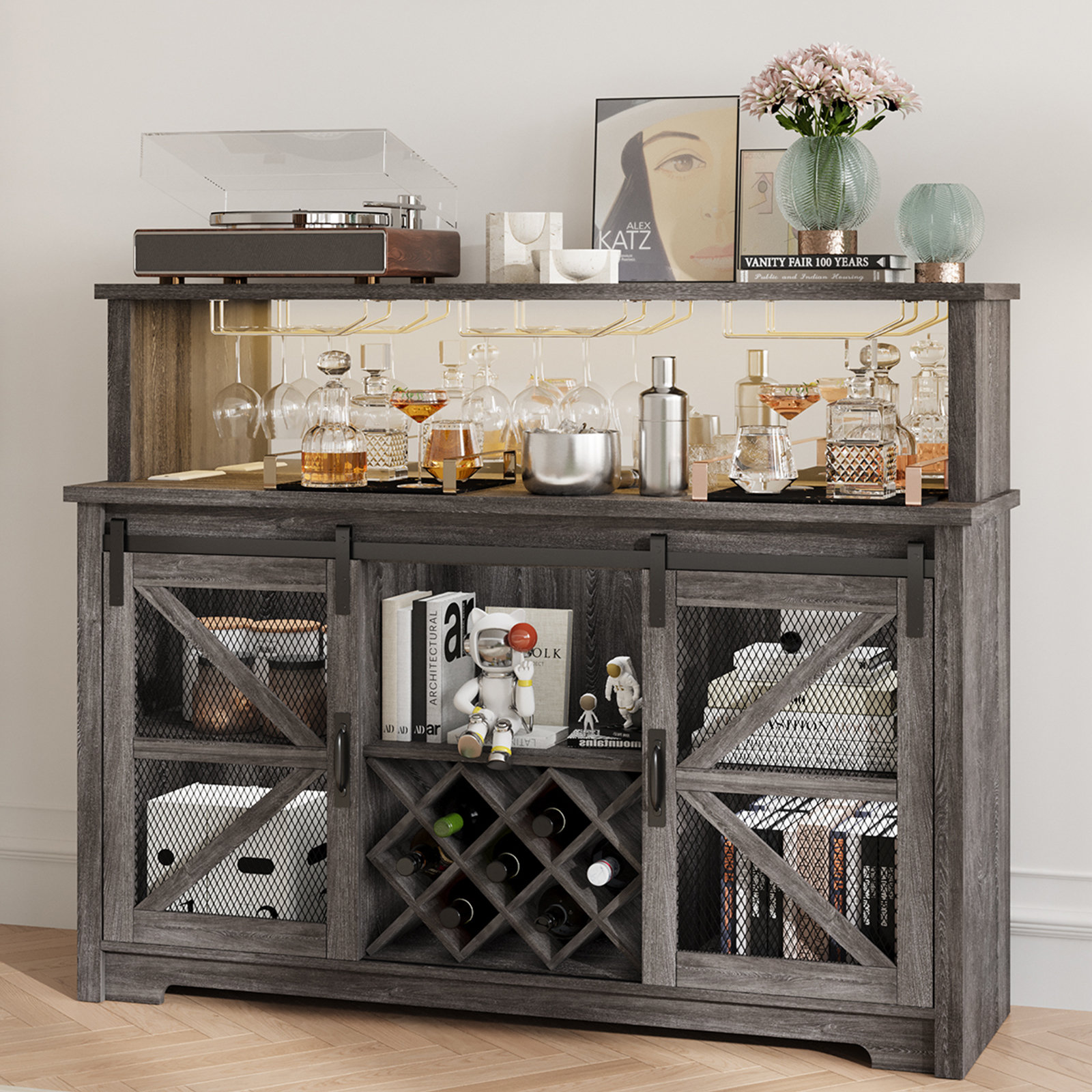Ivy Bronx 55" Wine Bar Cabinet With Sliding Barn Door, LED Lights ...