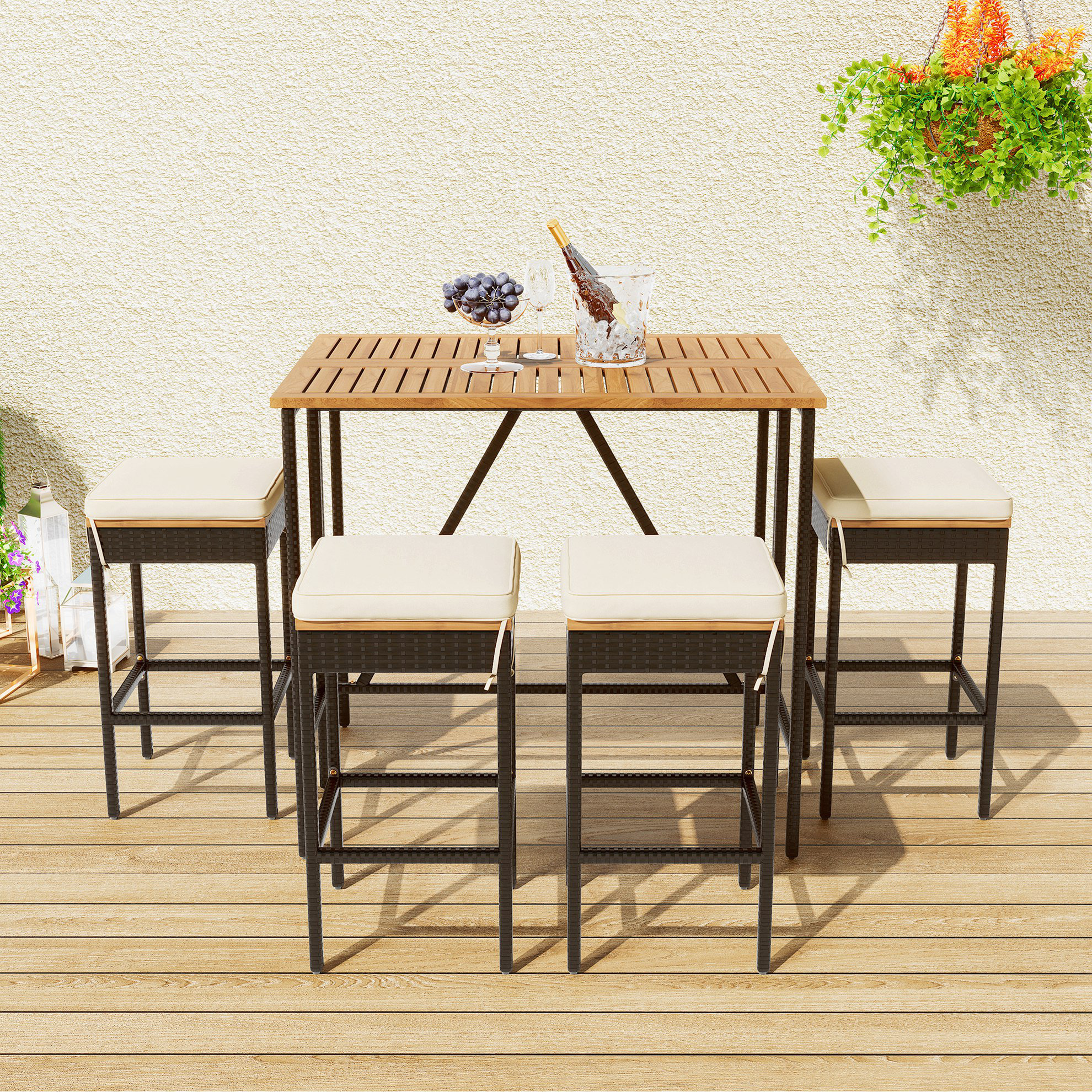 Hokku Designs 5-Piece Outdoor Acacia Wood Bar Height Table And Four ...