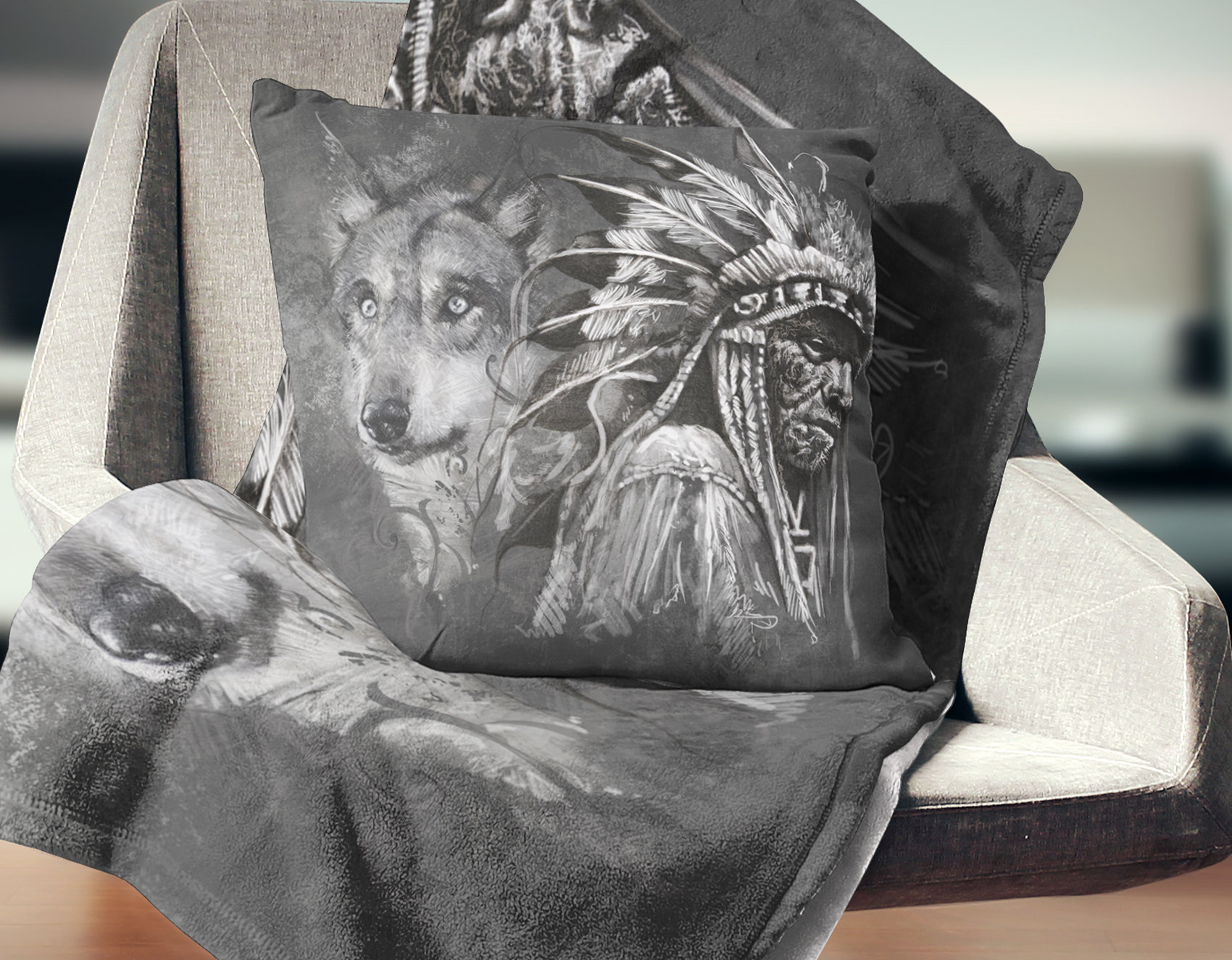 Design Art Wolf and American Indian Chief - Animal Printed Pillow | Wayfair