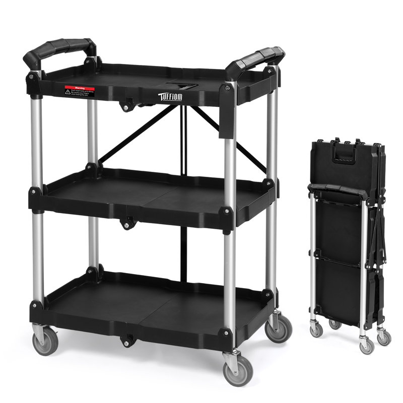 Winado Foldable 3-Tier Plastic Utility Carts In Black With Brake | Wayfair