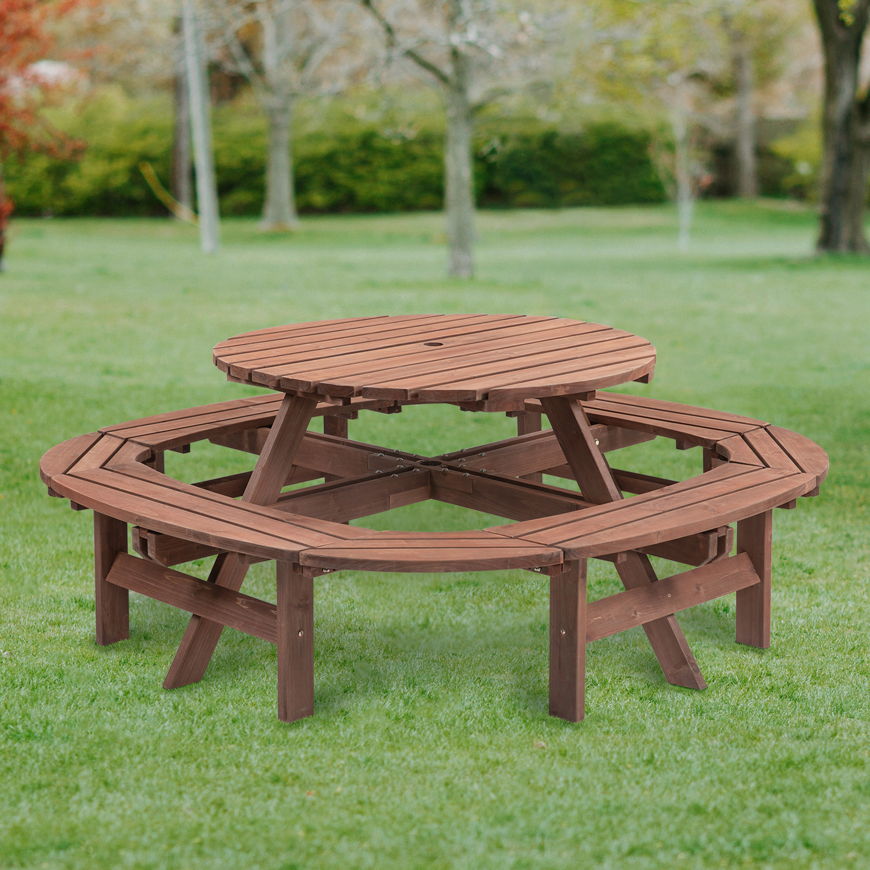 Red Barrel Studio 12-person Round Outdoor Wooden Picnic Table for Patio, Backyard, Garden, DIY ...