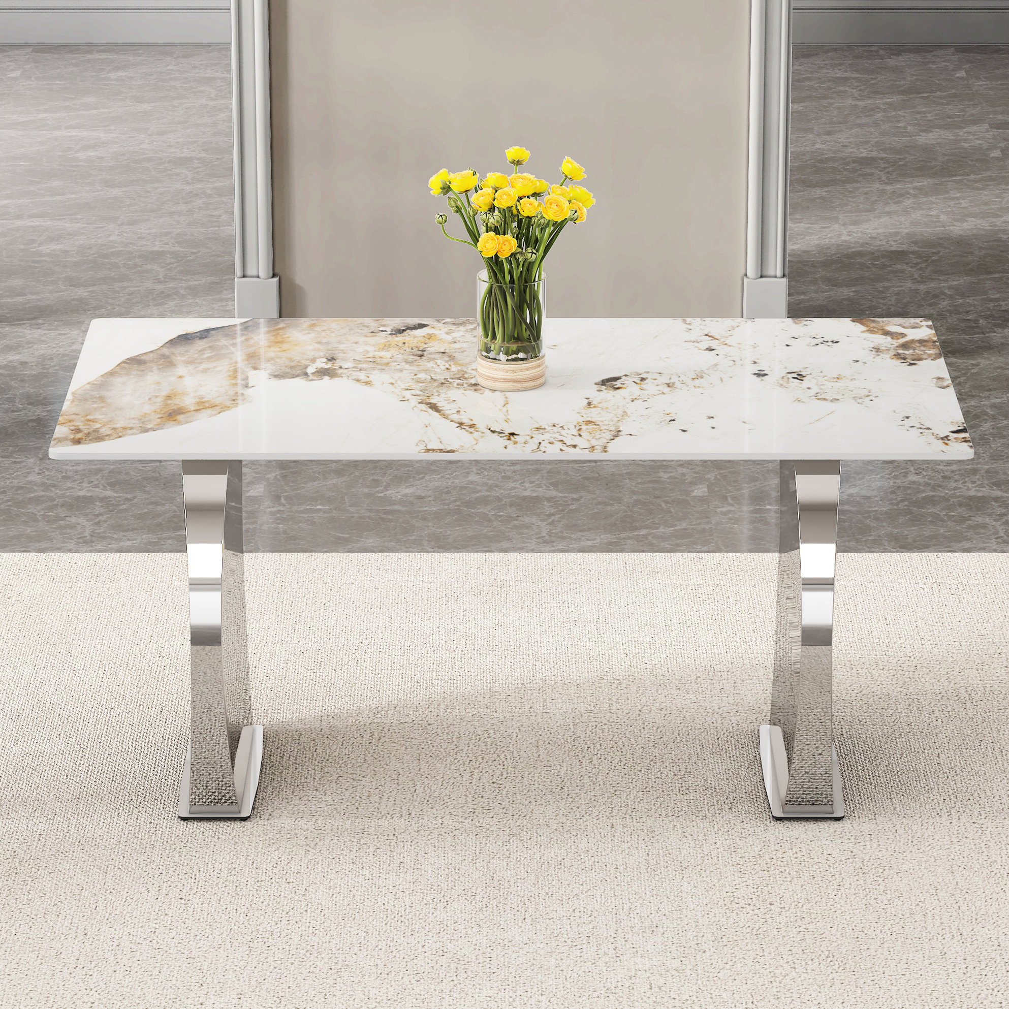 Wrought Studio™ Marbled Rock Plate Dining Table - Stainless Steel Legs ...
