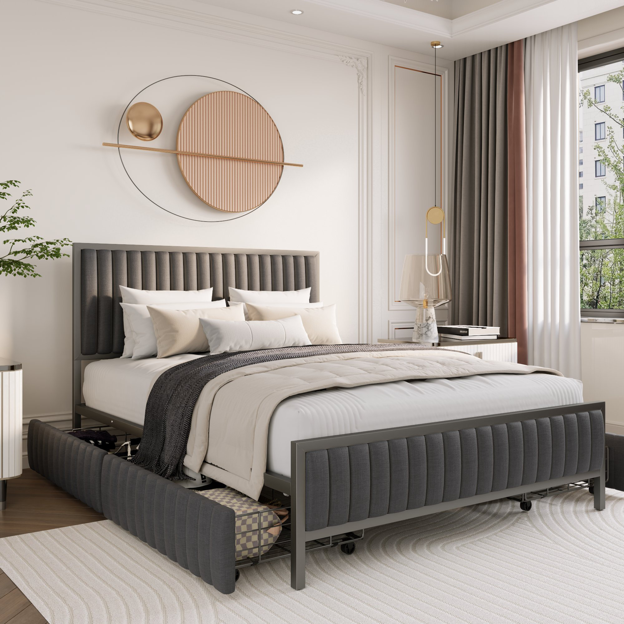 Mercer41 Tapanga Upholstered Platform Linen Bed with Stylish Metal ...