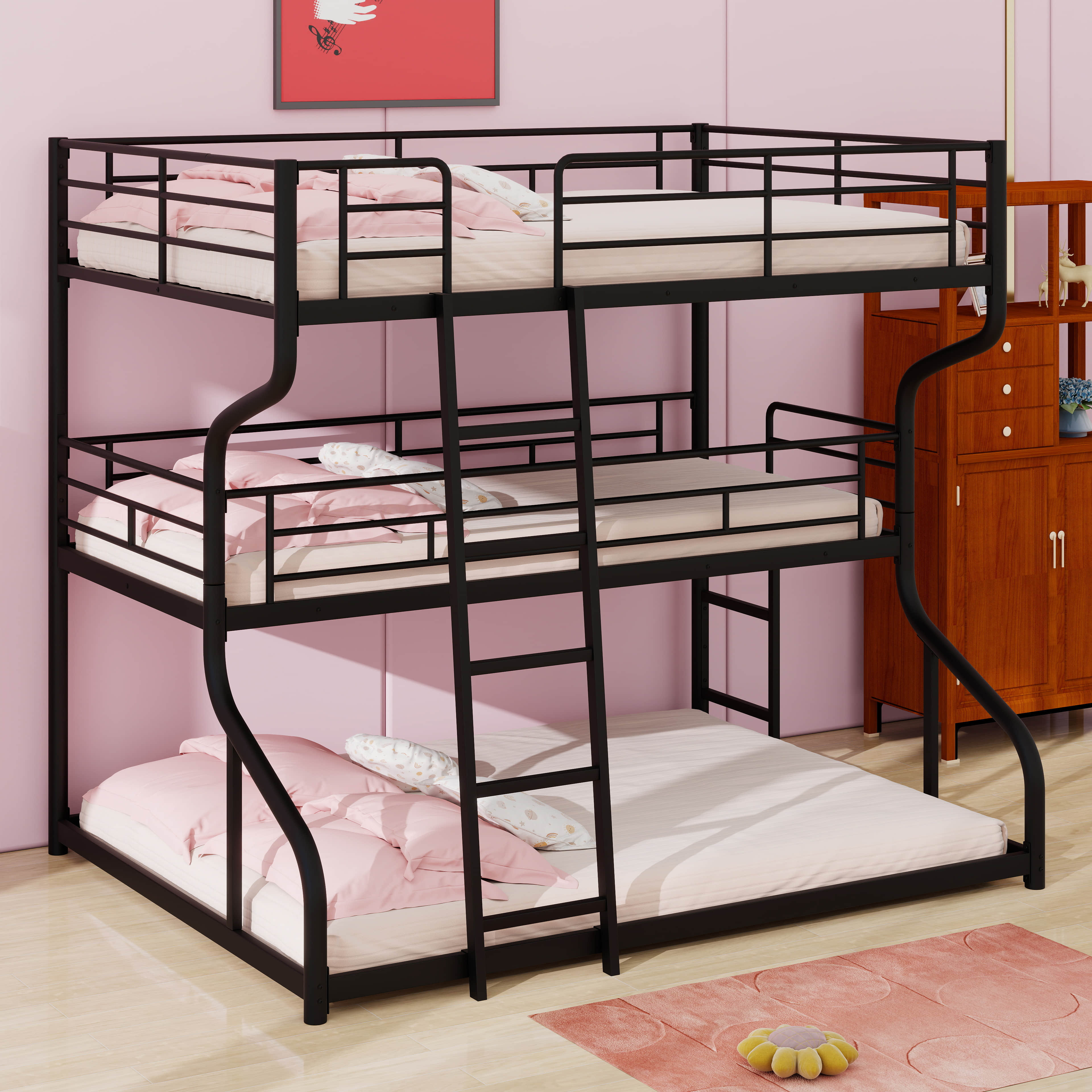 Latitude Run® Triple Bunk Bed Full XL Over Twin Queen Metal Heavy-Duty ...