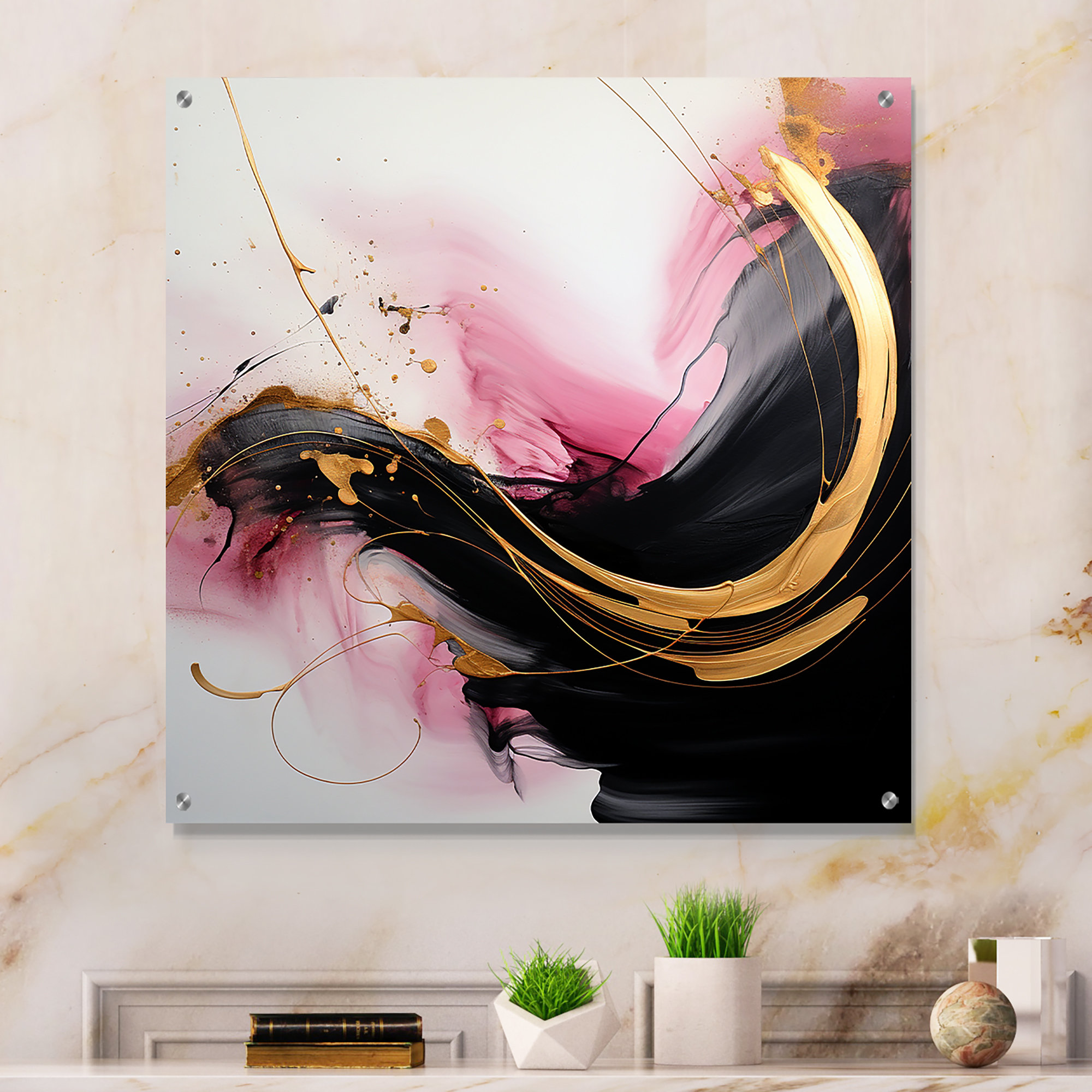 Mercer41 Abstract Gold Wave Pink And Black I - Abstract Painting ...