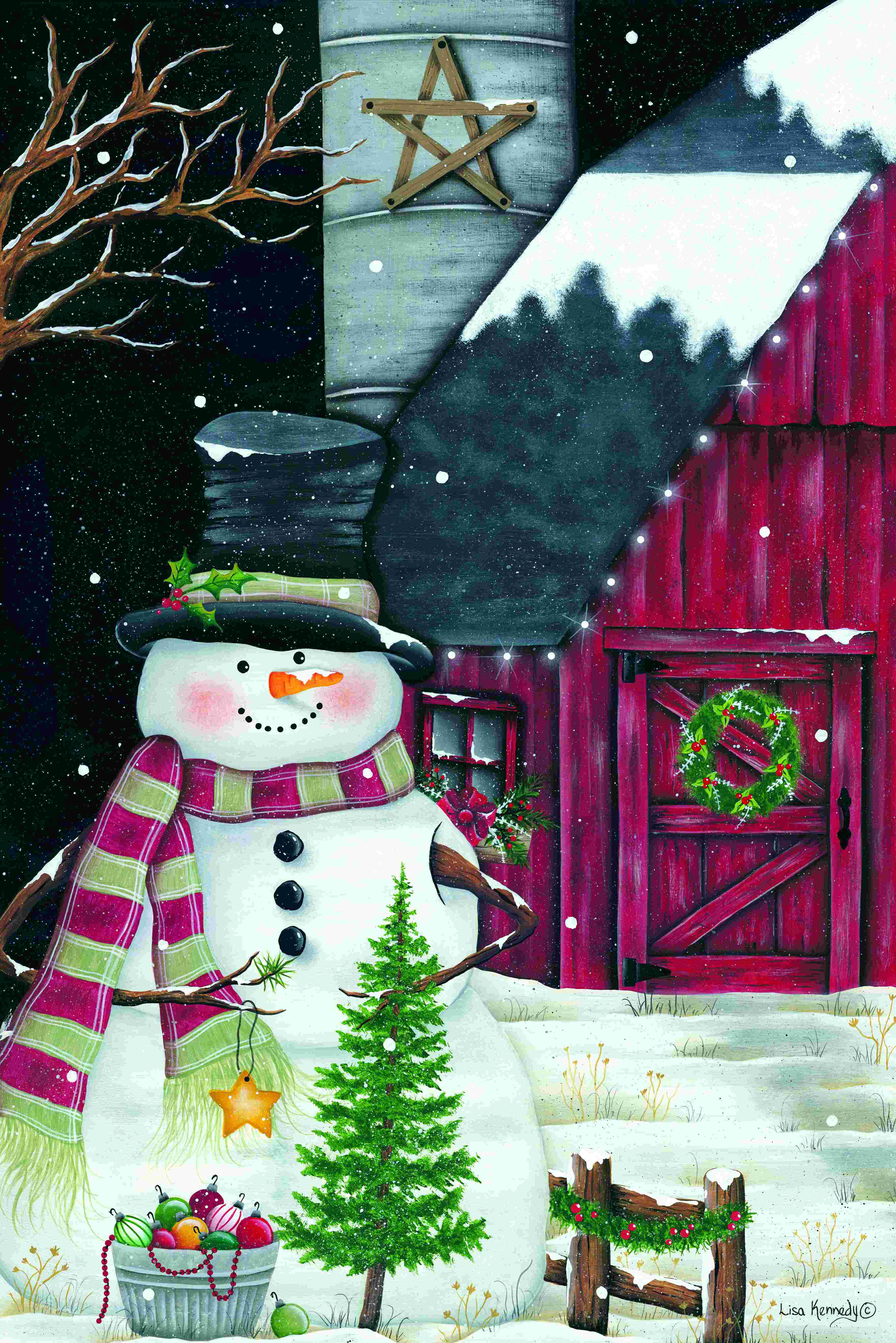 The Holiday Aisle® Barn and Snowman - Wrapped Canvas Print | Wayfair