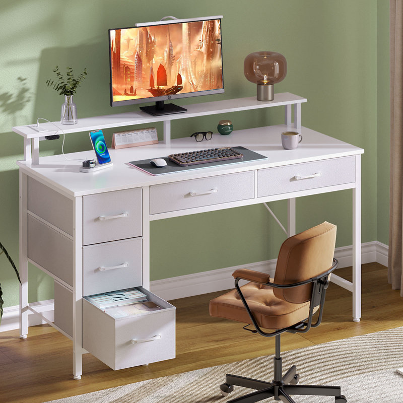 Inbox Zero Linze Computer Desk with Drawers and Monitor Shelf, Gaming ...