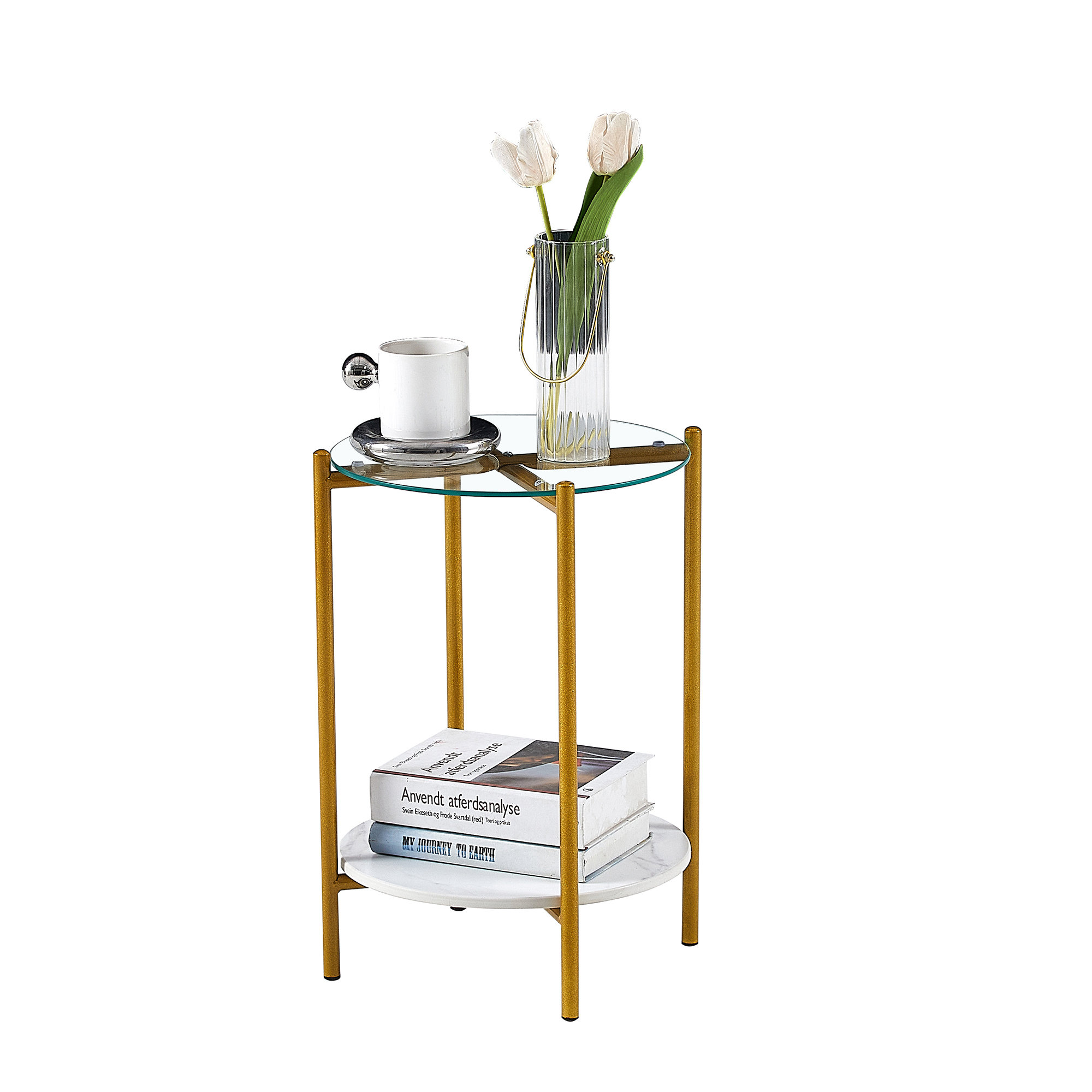 Ebern Designs Elegant 2-layer Round End Table With Marble & Glass | Wayfair