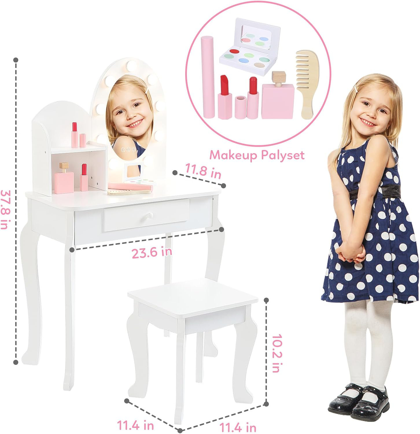 Harriet Bee Kids' Vanity Table with Lighted Mirror & Stool, Wooden ...