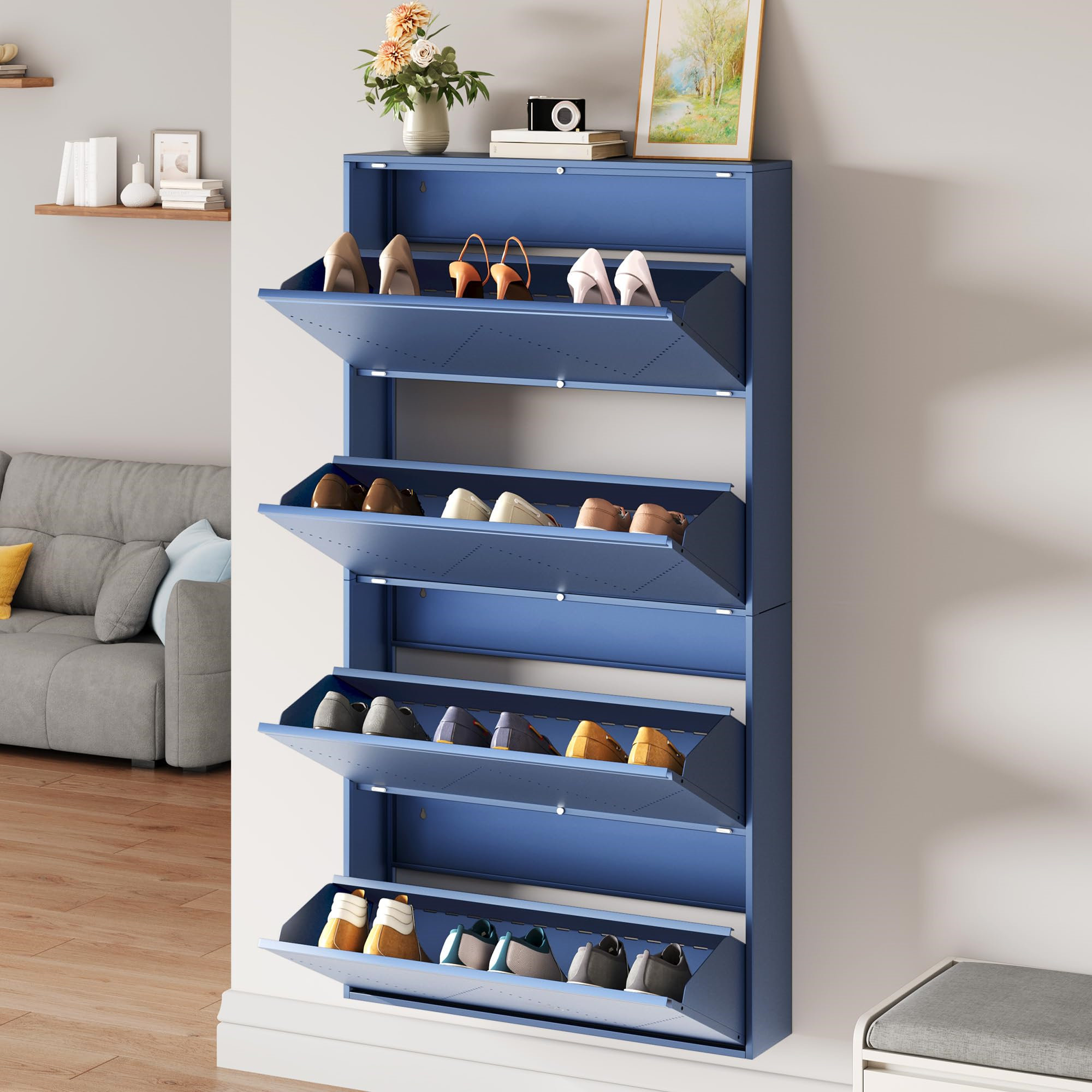 Orren Ellis Metal Shoe Cabinet, Wall-Mounted Shoe Cabinet With Flip-Top ...