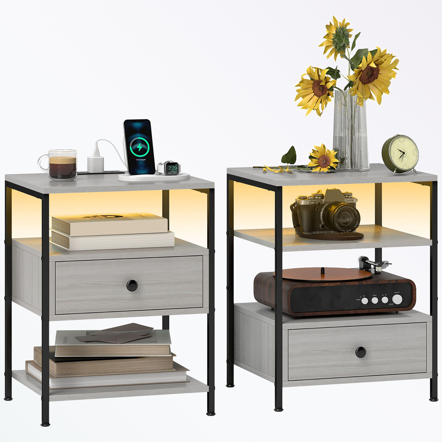 Latitude Run® Set of 2 LED End Table with Charging Stations, USB Ports ...