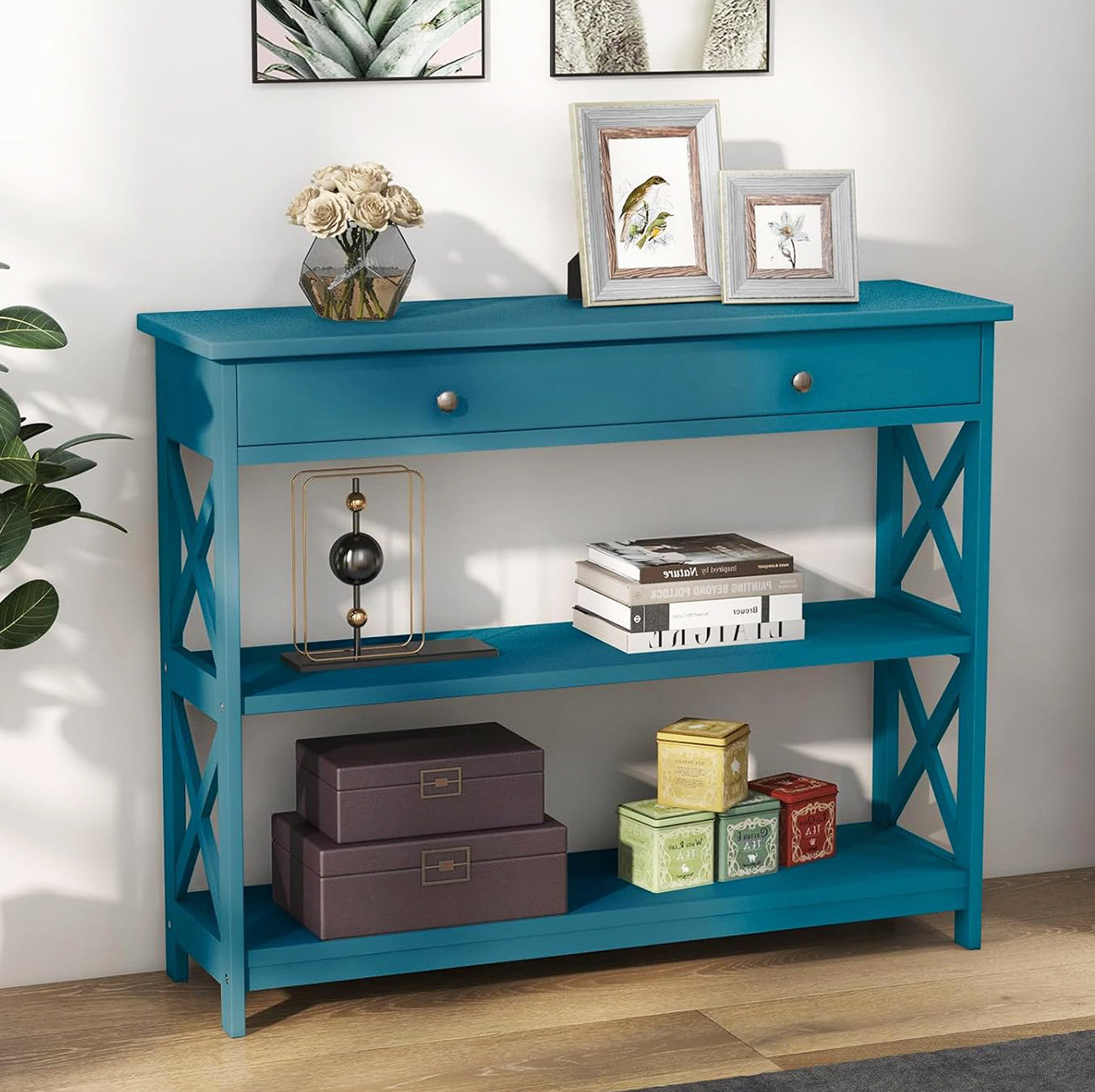 August Grove® 3 Tier Long Narrow Console Table with Drawers and 2 Open ...