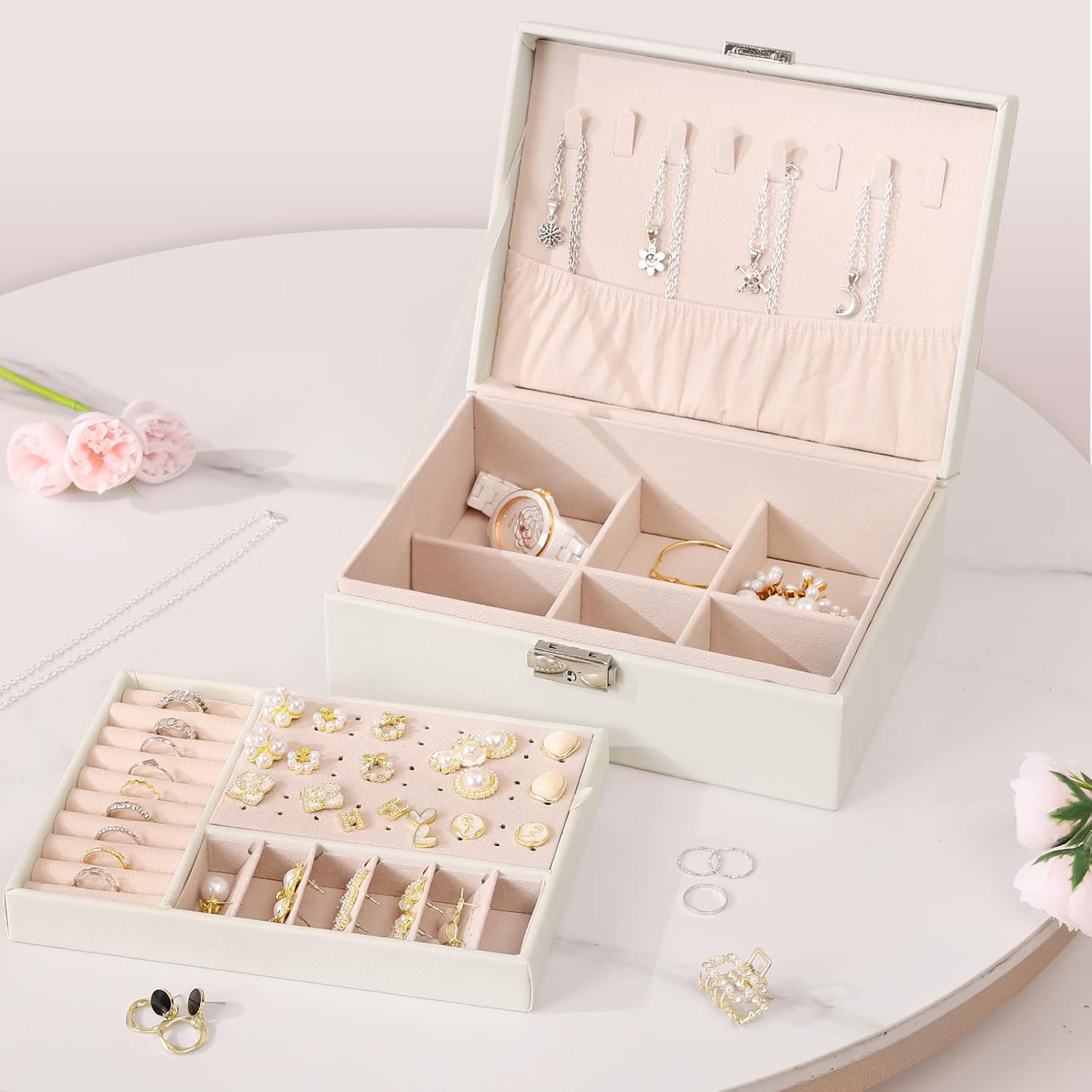 Latitude Run® White Jewelry Box 2 Layer Jewelry Box 10.4 X 7.7 X 3.9 ...