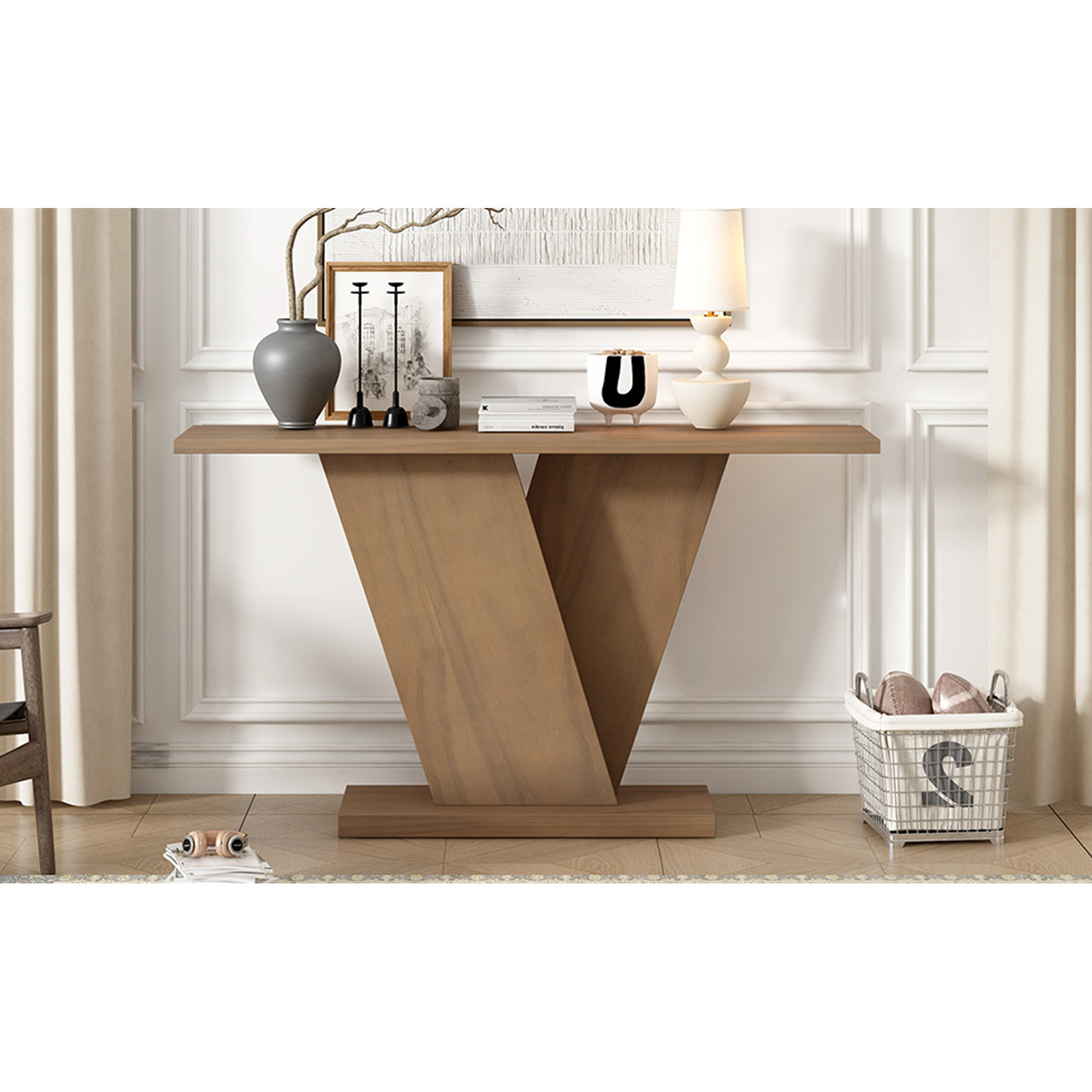 Brayden Studio Mirod Console Table with Natural Wood Veneer,V-Base ...