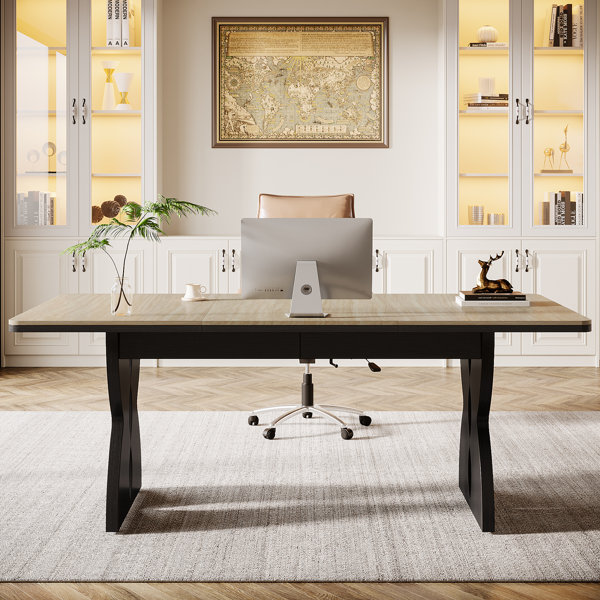 Ivy Bronx Suhaill 71" Executive Long Office Desk Wood Beige & Black ...