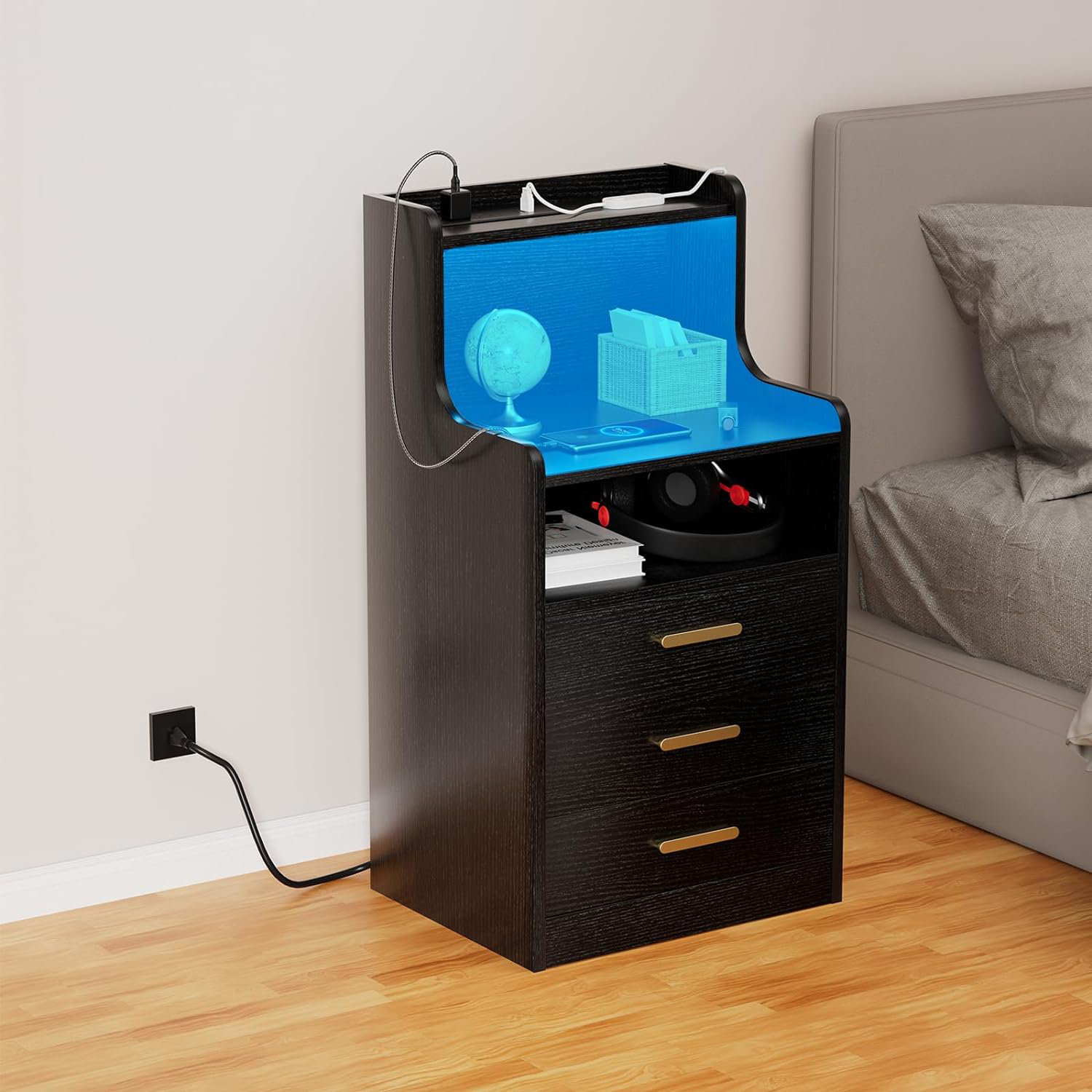 Wrought Studio LED Black Nightstand: 3 Drawers, Tall Shelves, Charging ...