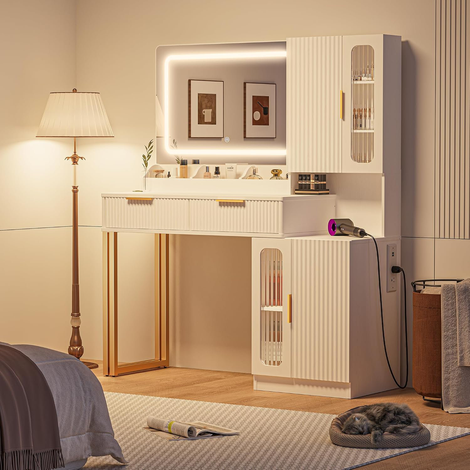 Mercer41 45" Fluted Makeup Vanity Desk with Mirror and Lights, Makeup ...