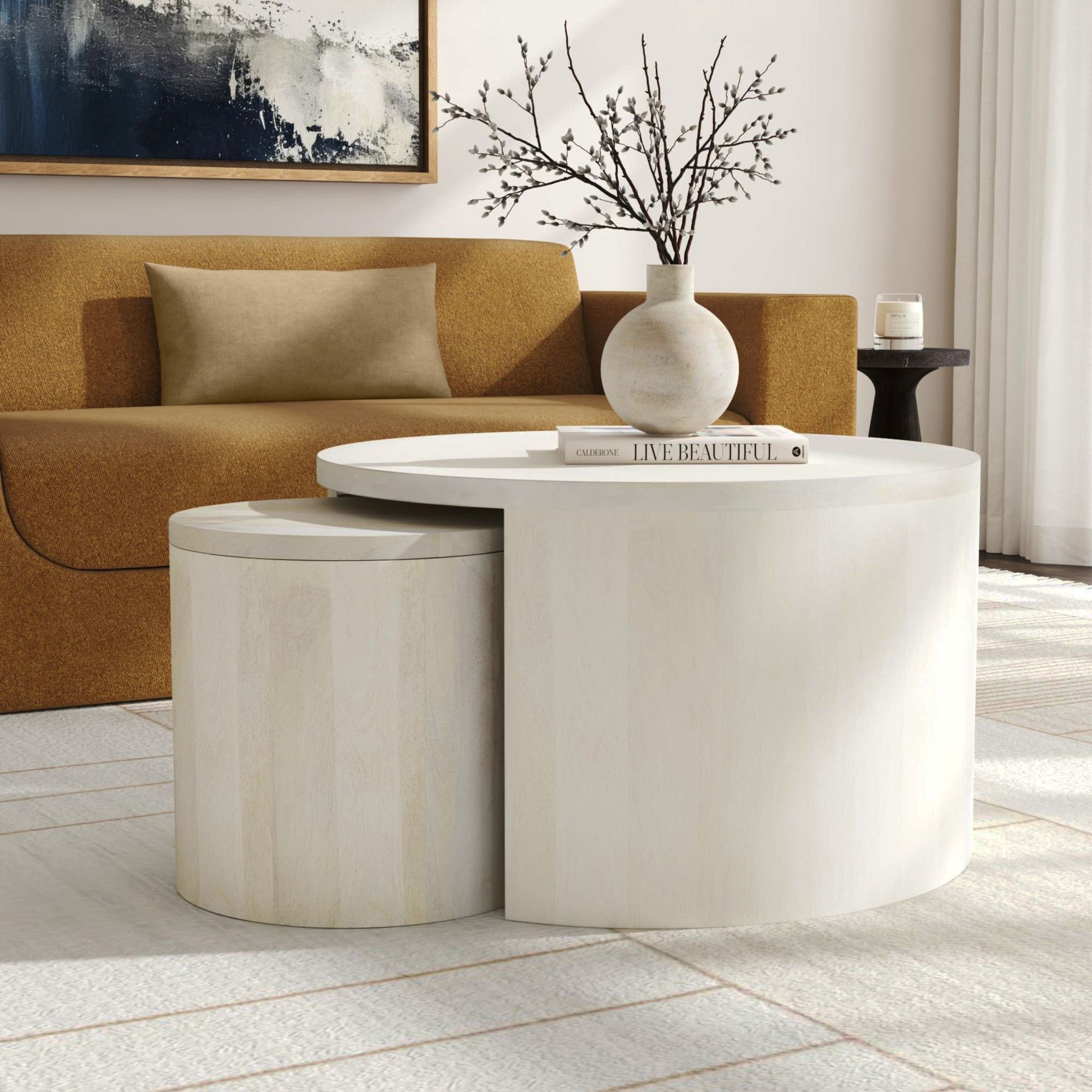 Wrought Studio™ Cyrus Solid Wood Drum 2 Nesting Tables Set with Storage ...