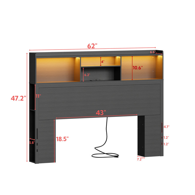 Latitude Run® Sayaan LED Queen Headboard with USB Ports and Side Shelf ...
