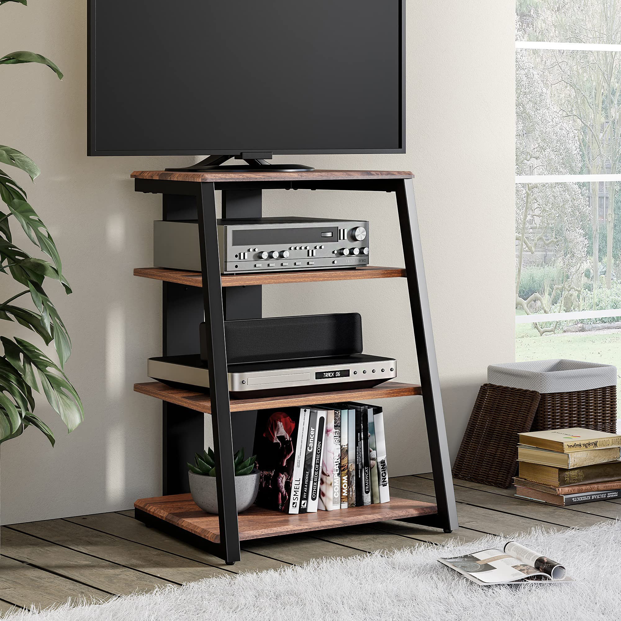 17 Stories 4-Tier AV Media Stand Corner Shelf - Adjustable Wooden ...
