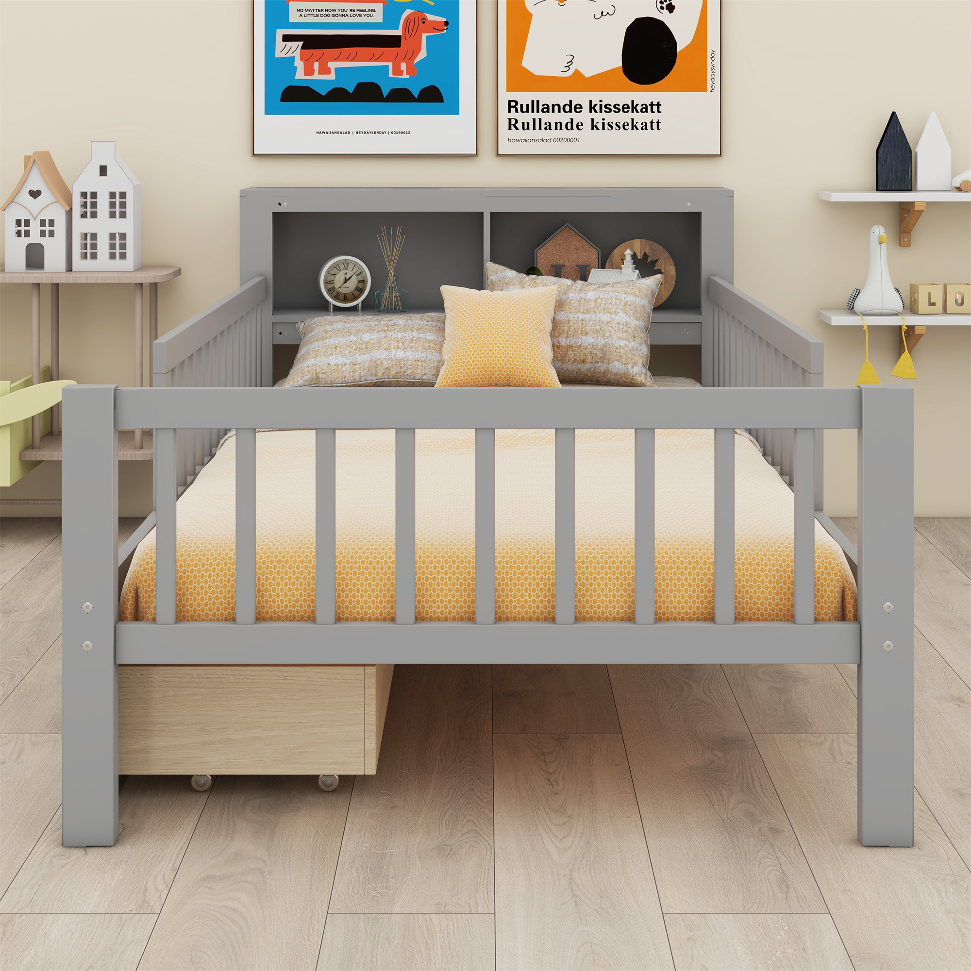 Lark Manor™ Bed With Headboard Storage Rack, Two Under-Bed Drawers ...